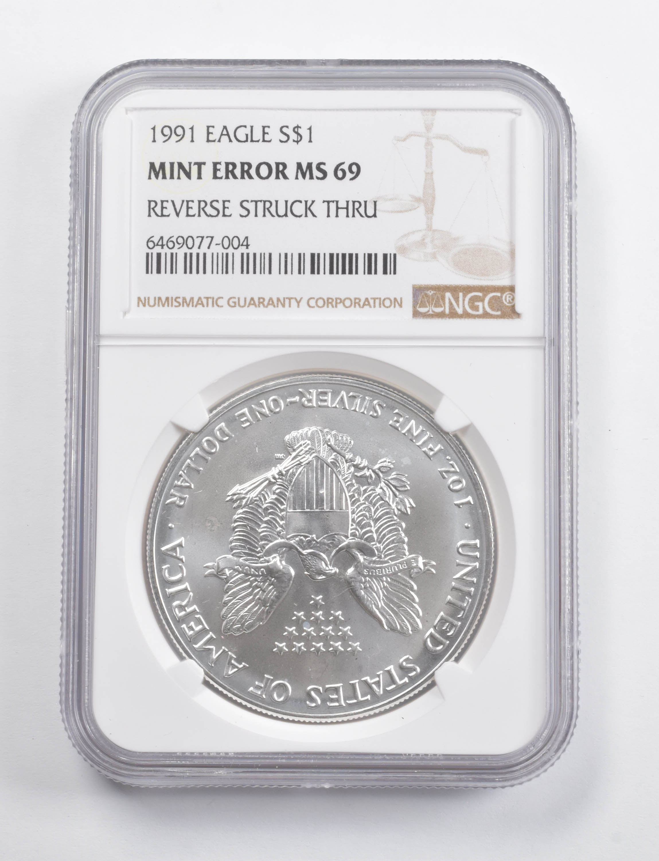 Mint Error MS69 1991 American Silver Eagle REV Struck Thru NGC | Property Room