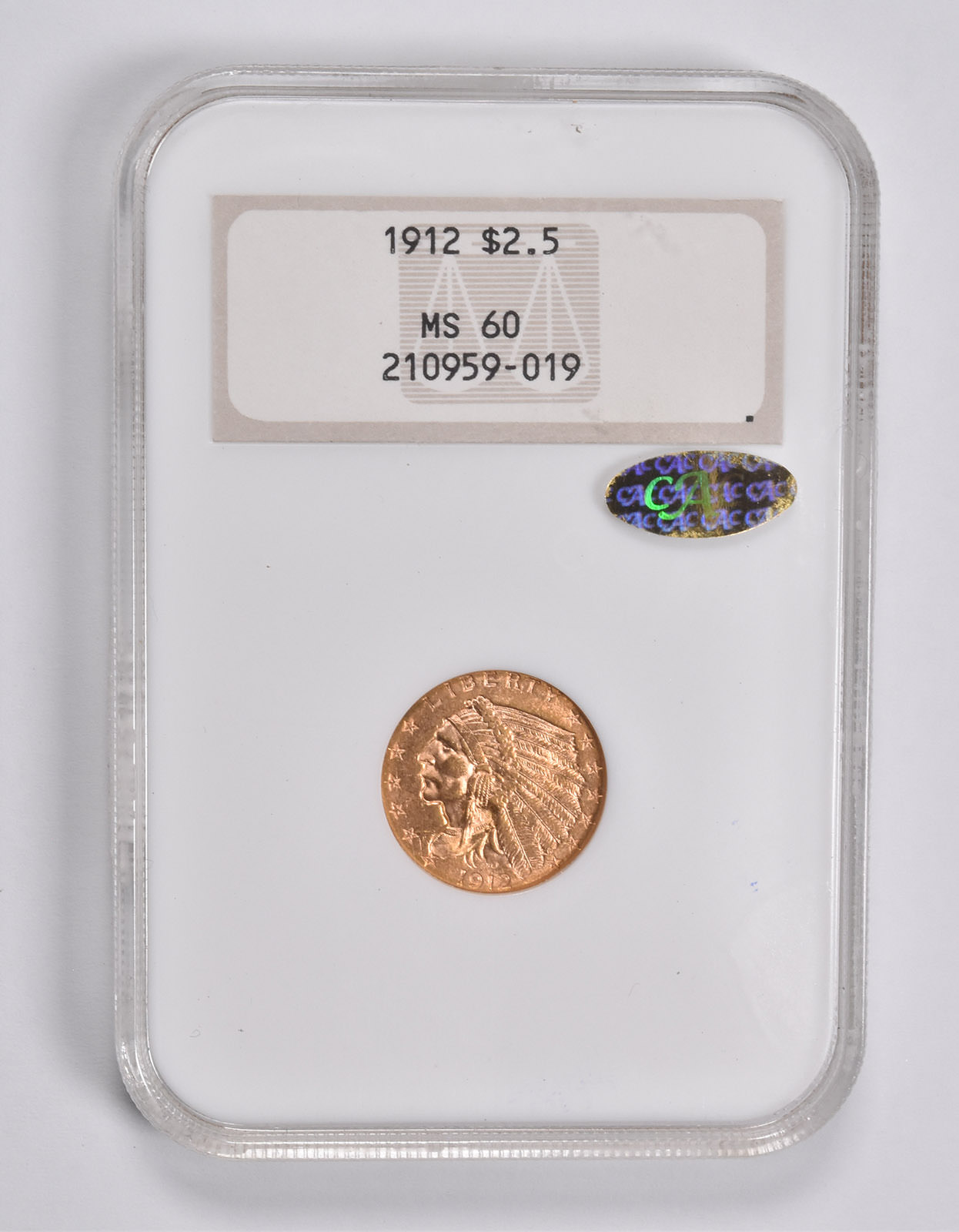 MS60 1912 $2.50 Indian Head Gold Quarter Eagle GOLD CAC NGC | Property Room