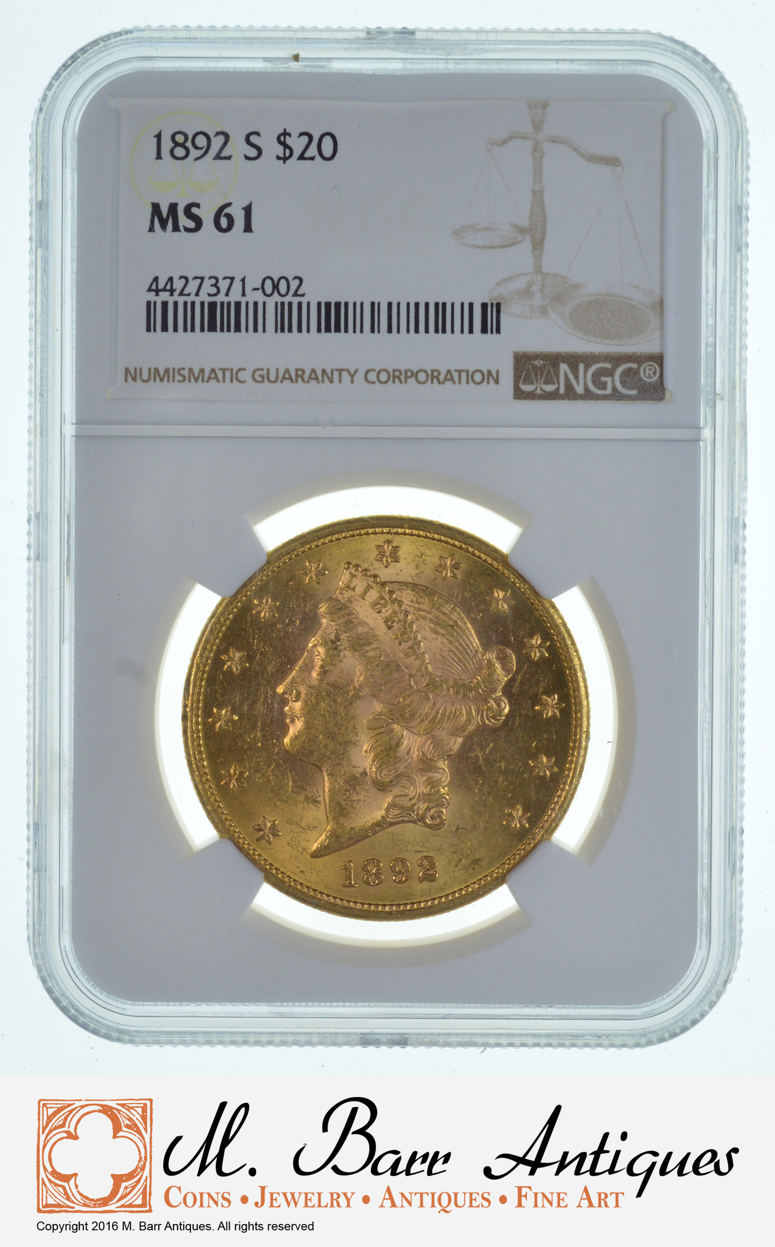 MS61 1892-S $20.00 Liberty Head Gold Double Eagle - NGC Graded | Property Room