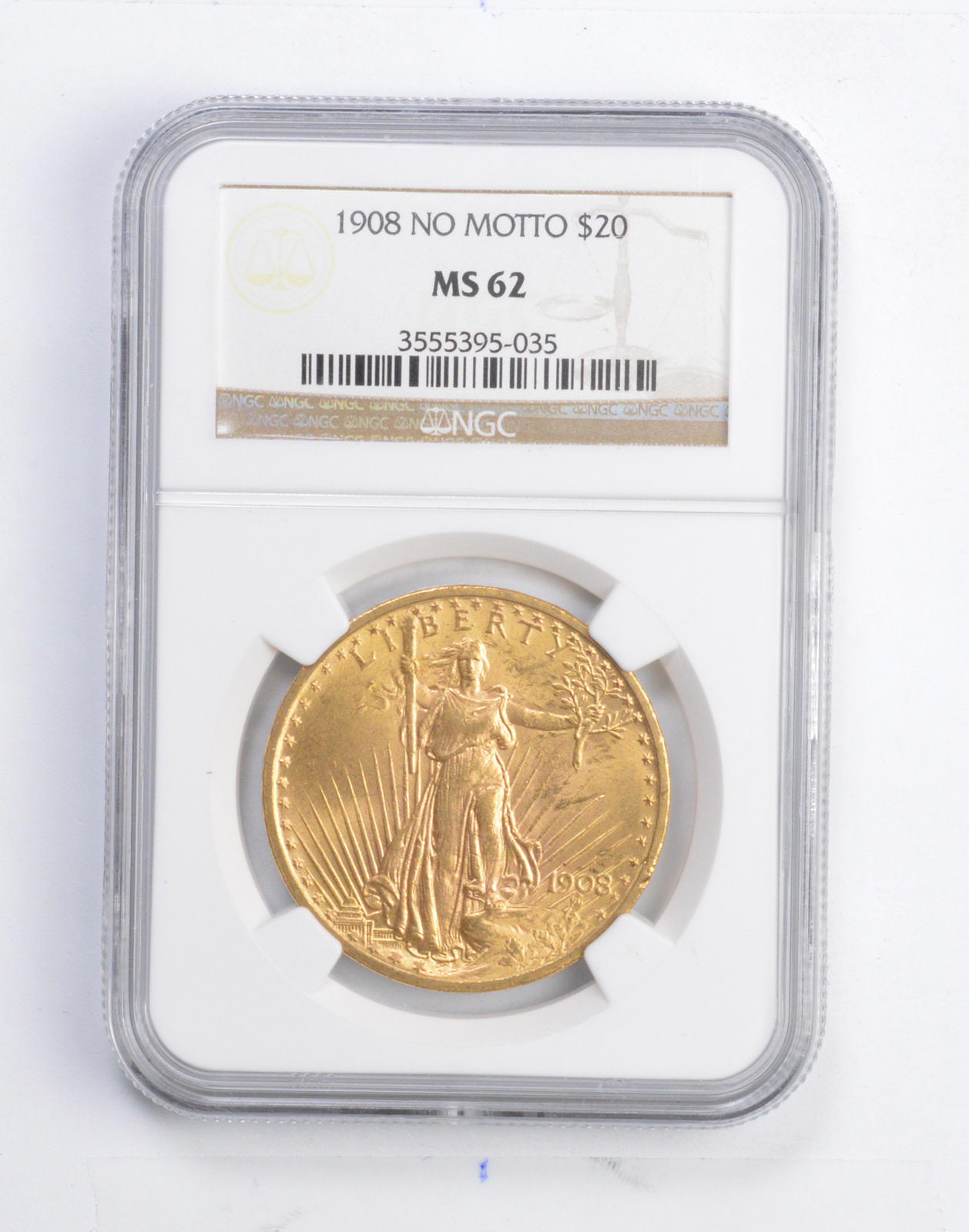 MS62 1908 $20.00 Saint-Gaudens Gold Double Eagle - No Motto - Graded NGC | Property Room
