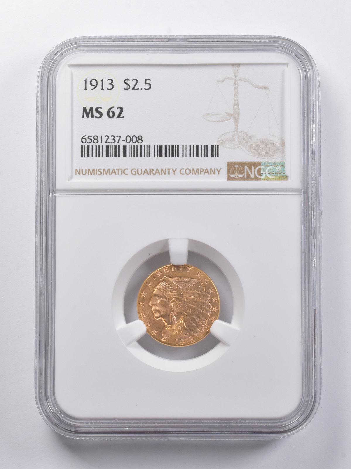 MS62 1913 $2.50 Indian Head Gold Quarter Eagle NGC | Property Room