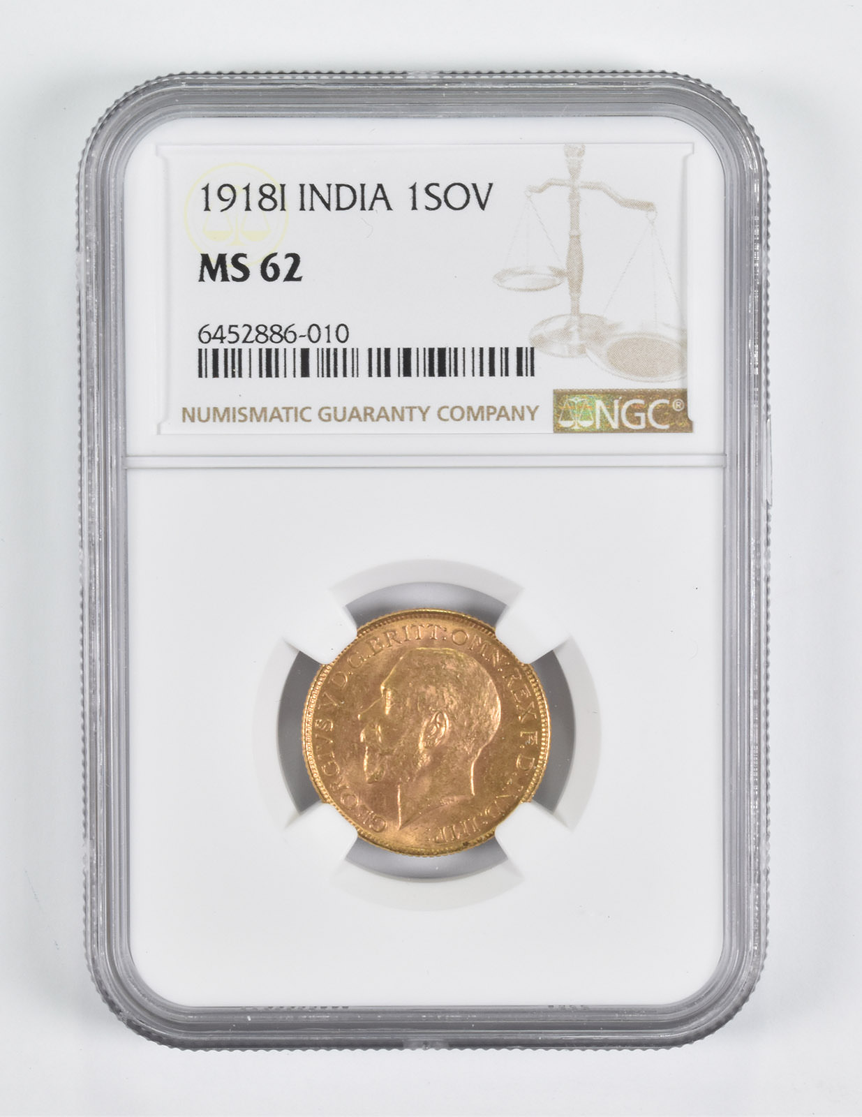 MS62 1918-I India 1 Sovereign Gold Coin NGC | Property Room