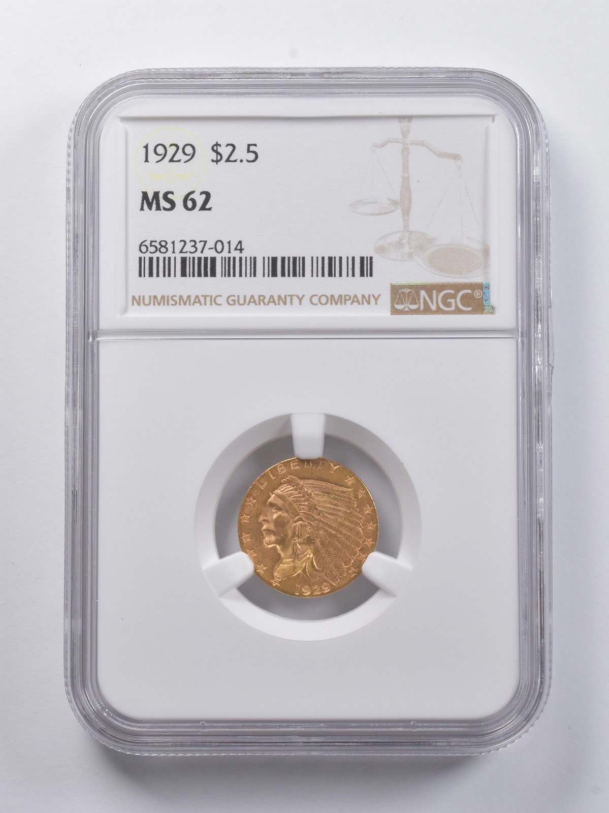 MS62 1929 $2.50 Indian Head Gold Quarter Eagle NGC | Property Room