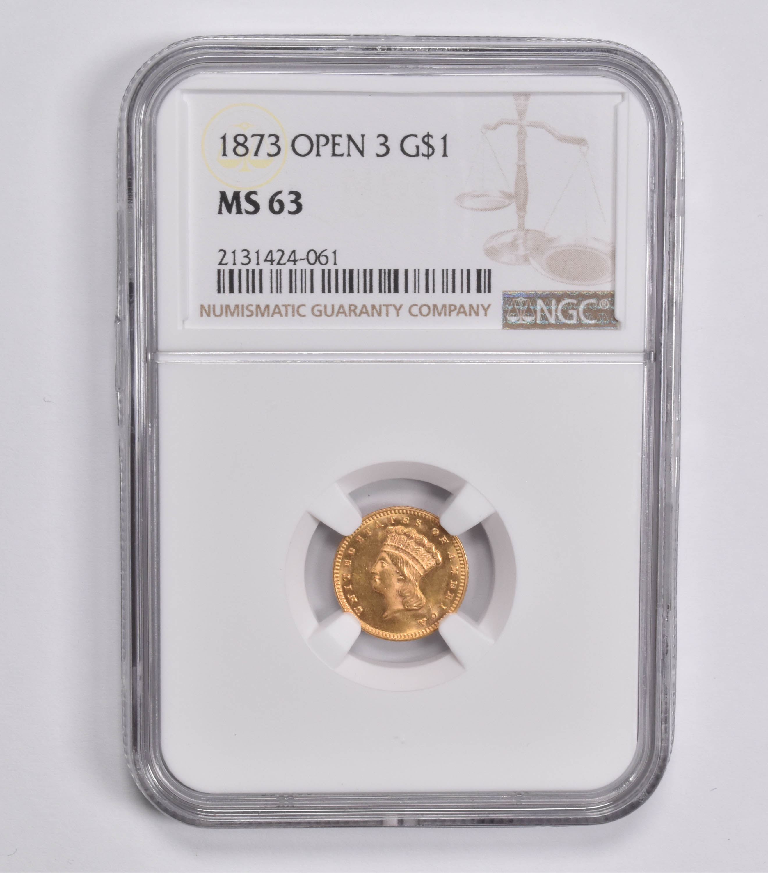 MS63 1873 $1 Indian Princess Head Gold Dollar Open 3 NGC | Property Room
