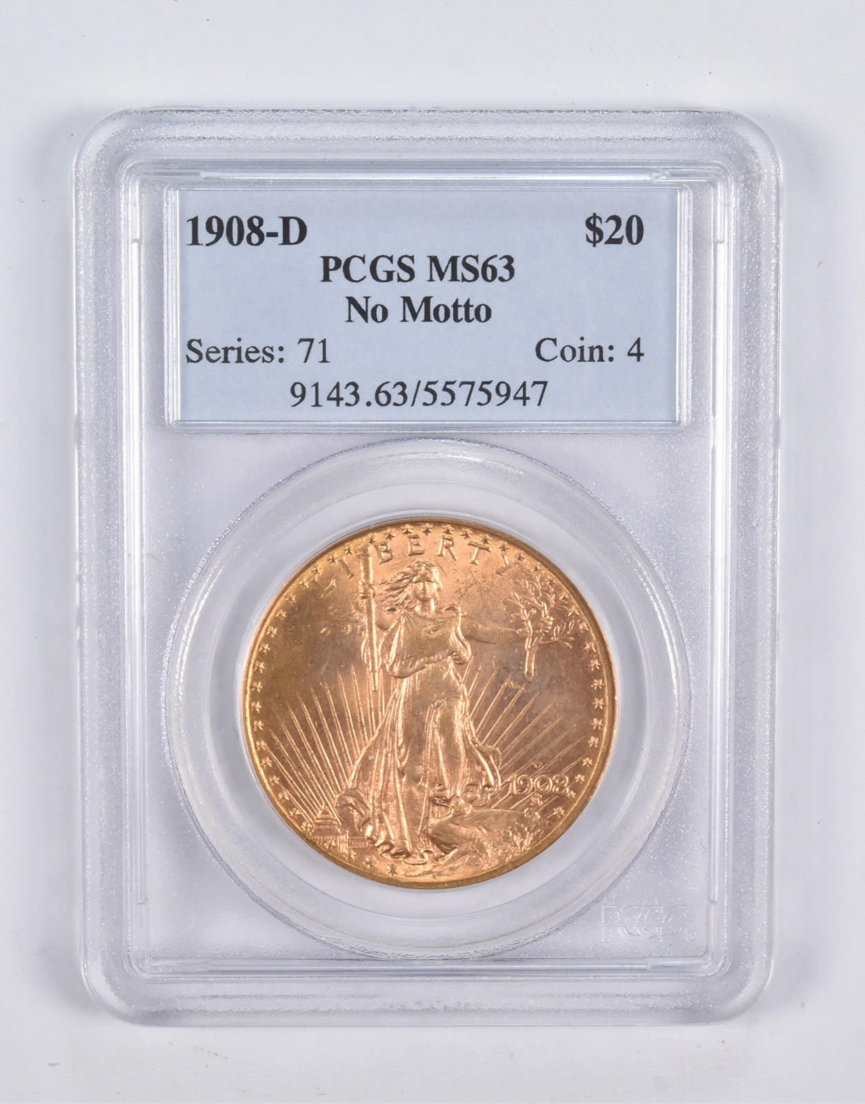 MS63 1908-D $20 Saint-Gaudens Gold Double Eagle No Motto PCGS | Property Room