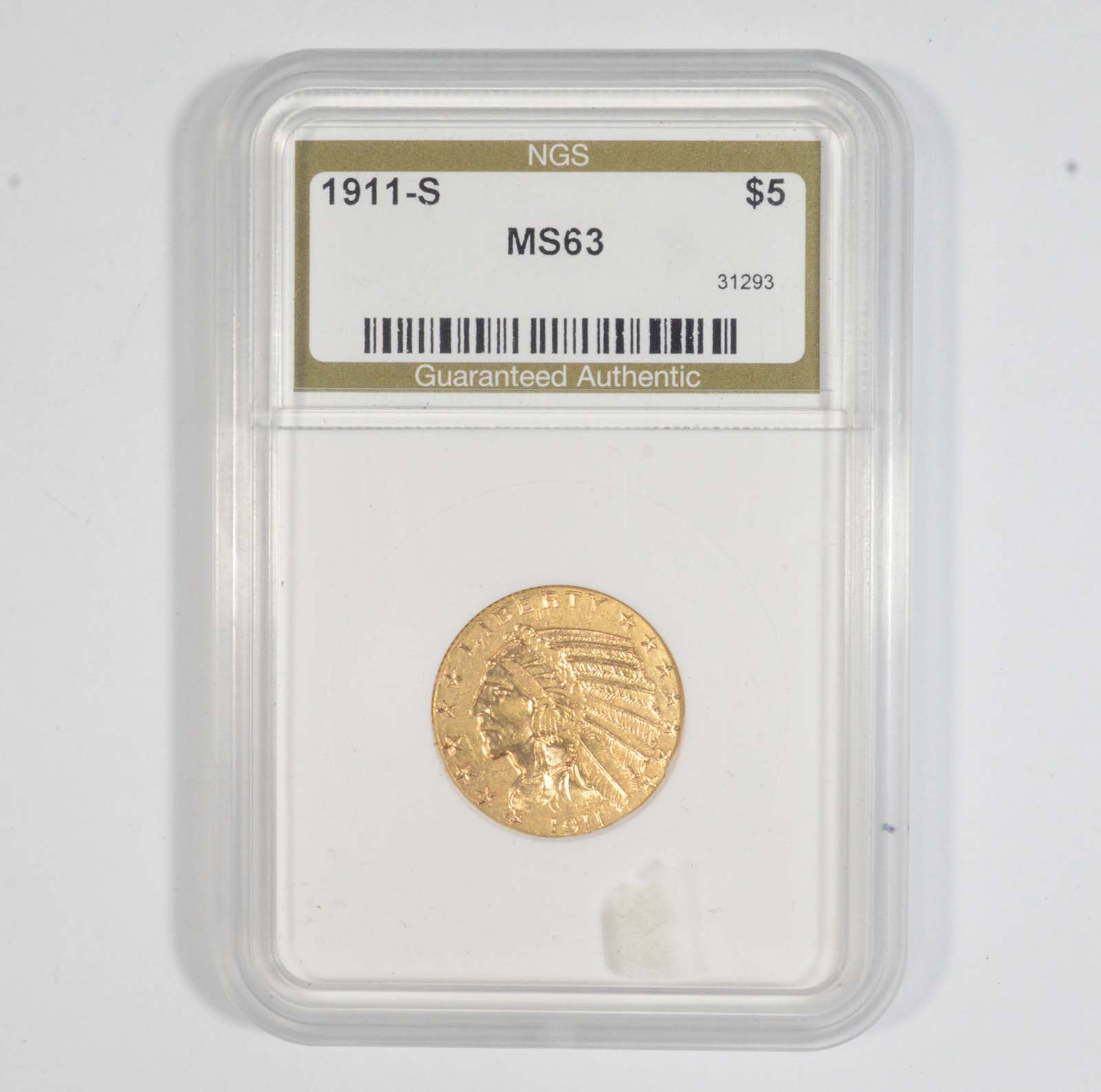 MS63 1911-S $5 Indian Head Gold Half Eagle - Graded NGS | Property Room