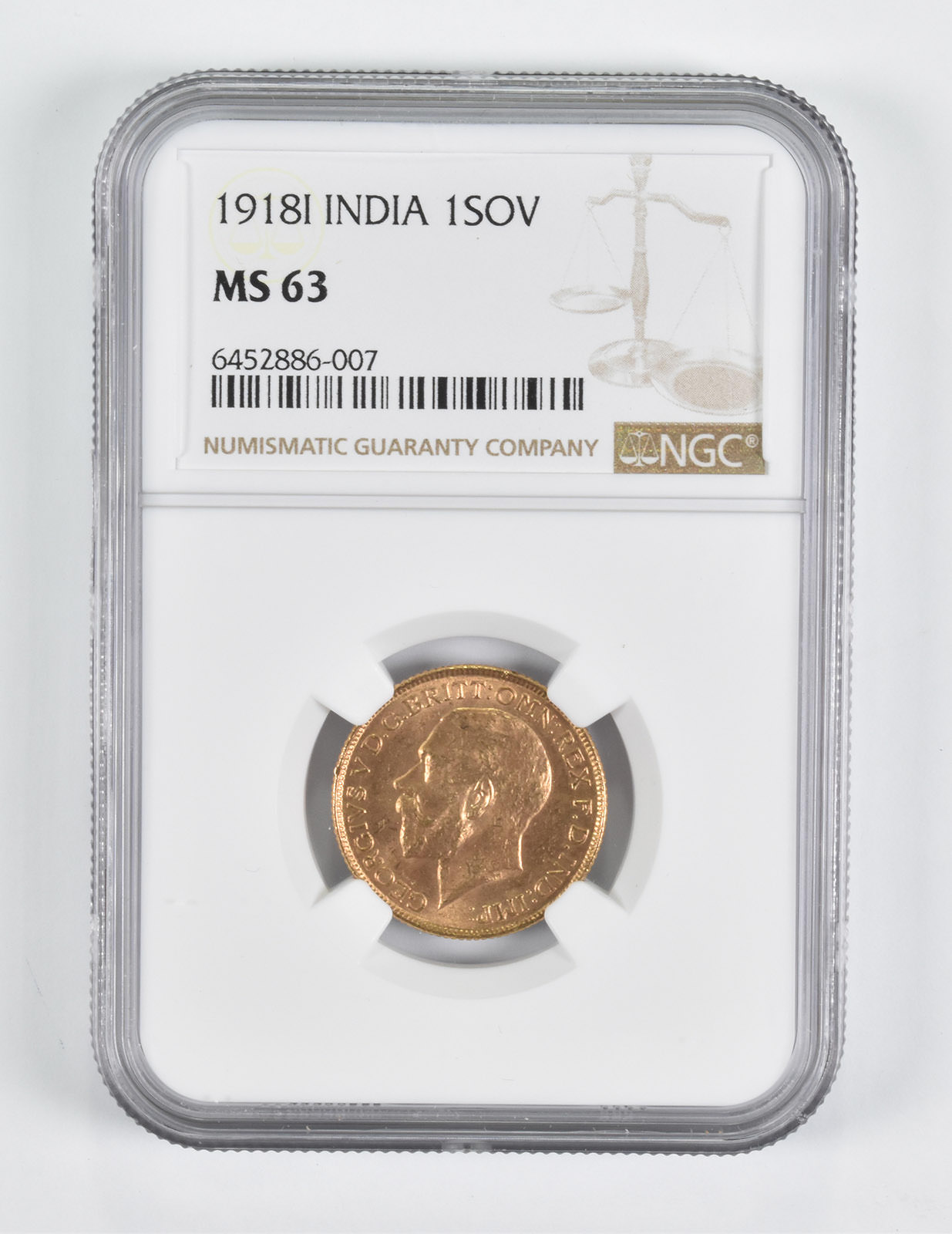 MS63 1918-I India 1 Sovereign Gold Coin NGC | Property Room