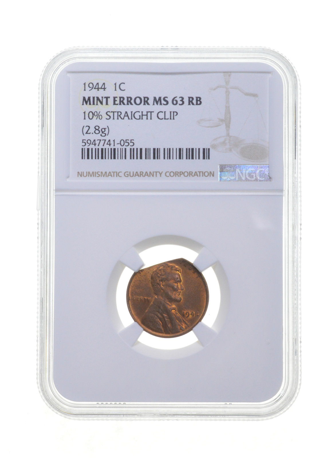 MS63 RB MINT ERROR 1944 Lincoln Wheat Cent - 10% Straight Clip (2.8g ...