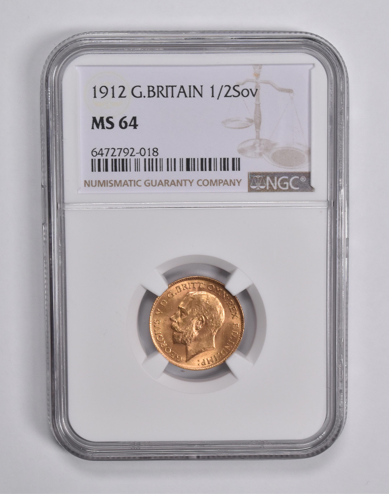 MS64 1912 Great Britain Gold 1/2 Sovereign NGC | Property Room