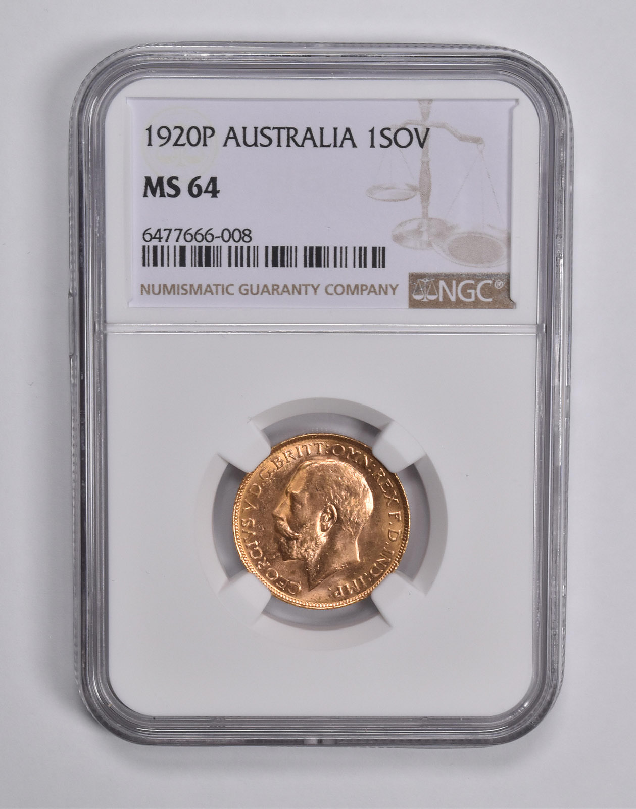 MS64 1920 P Australia Gold 1 Sovereign NGC | Property Room