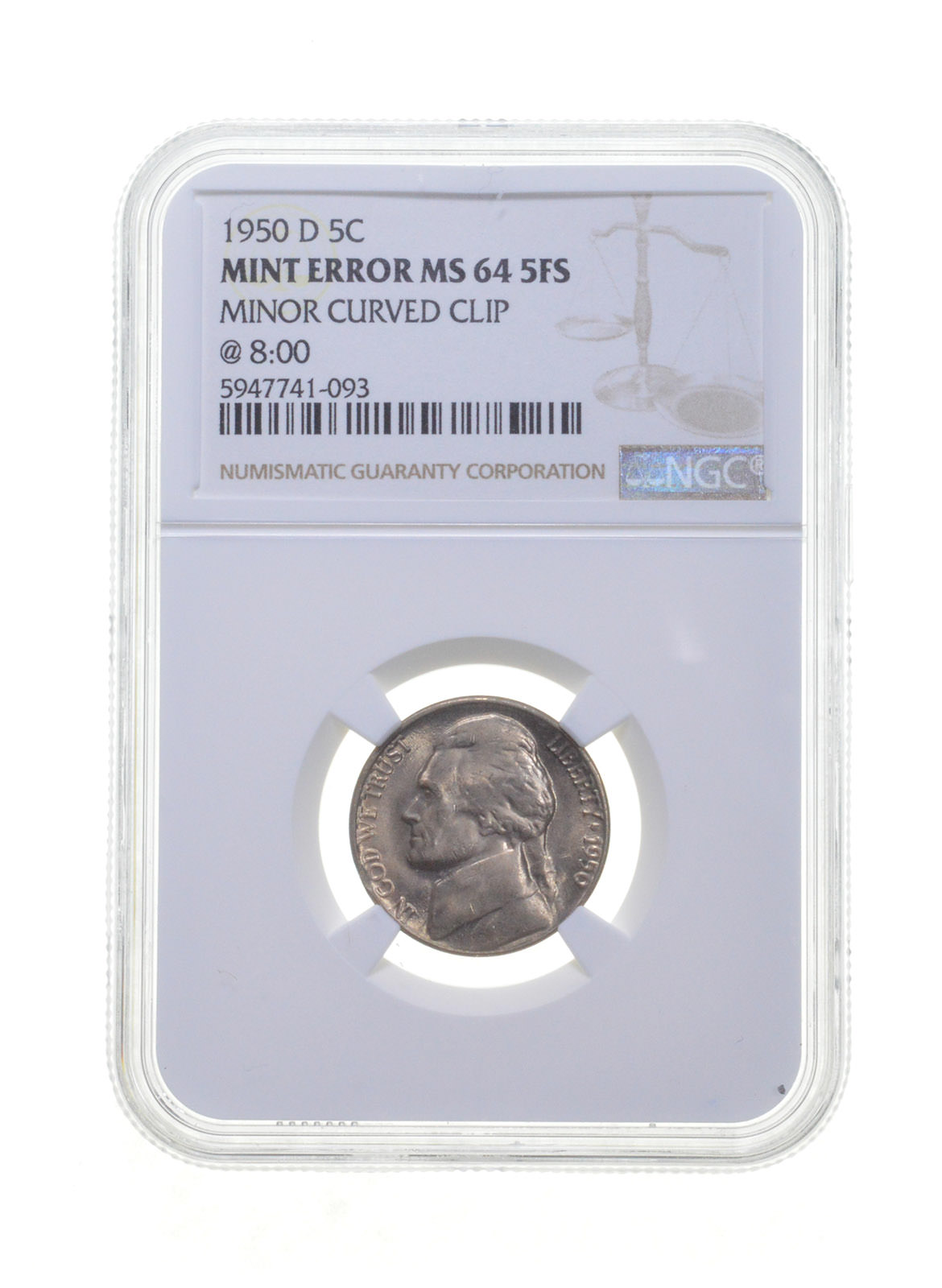 MS64 MINT ERROR 1950-D Jefferson Nickel - 5 FS - Minor Curved Clip @8: ...