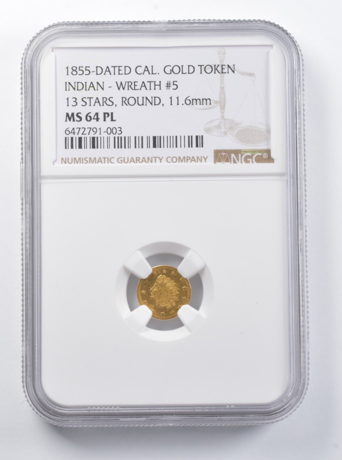 MS64 PL 1855-Dated Indian Head California Gold Round Token Wreath #5 11 ...