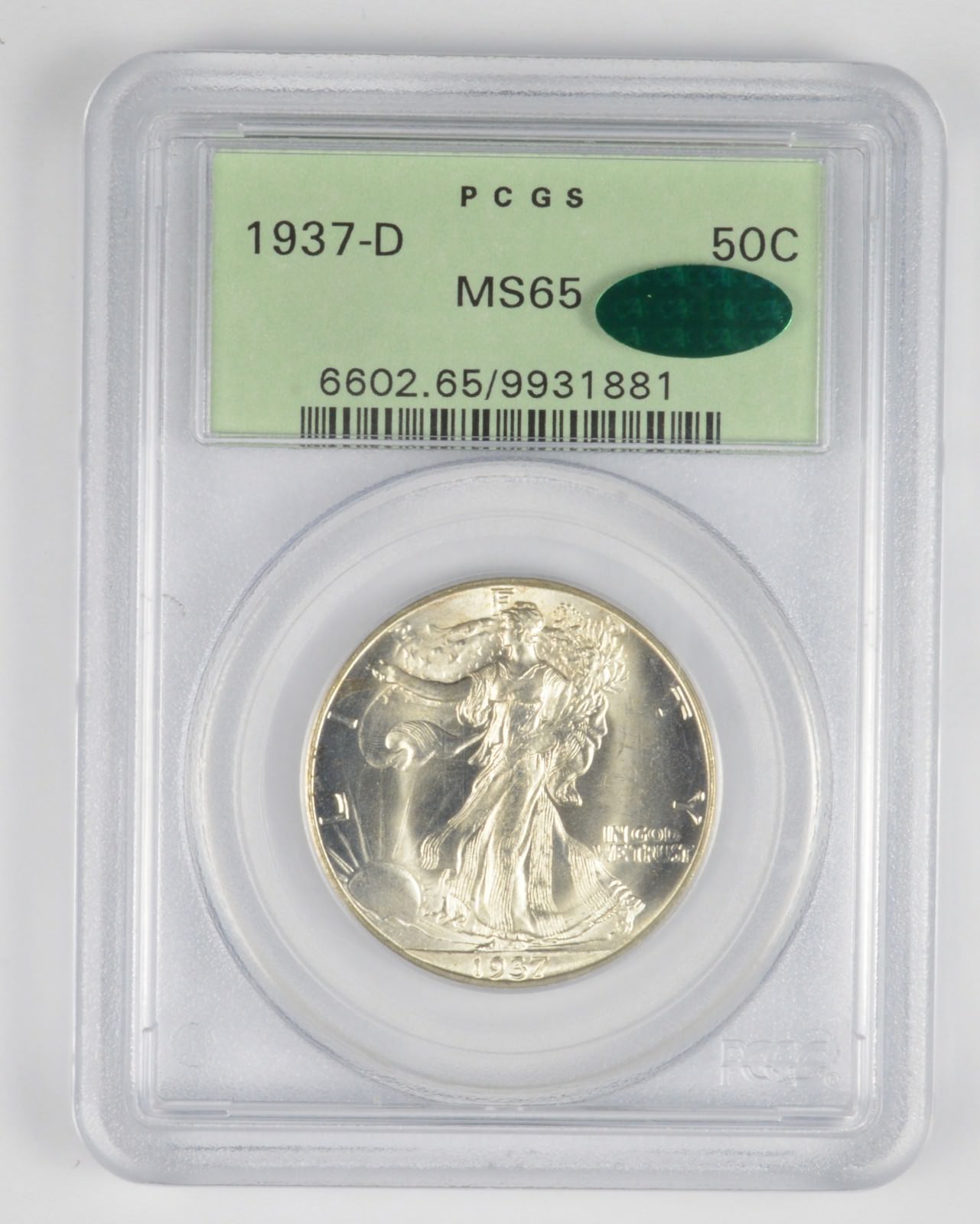 MS65 1937-D Walking Liberty Half Dollar - CAC - Graded PCGS | Property Room