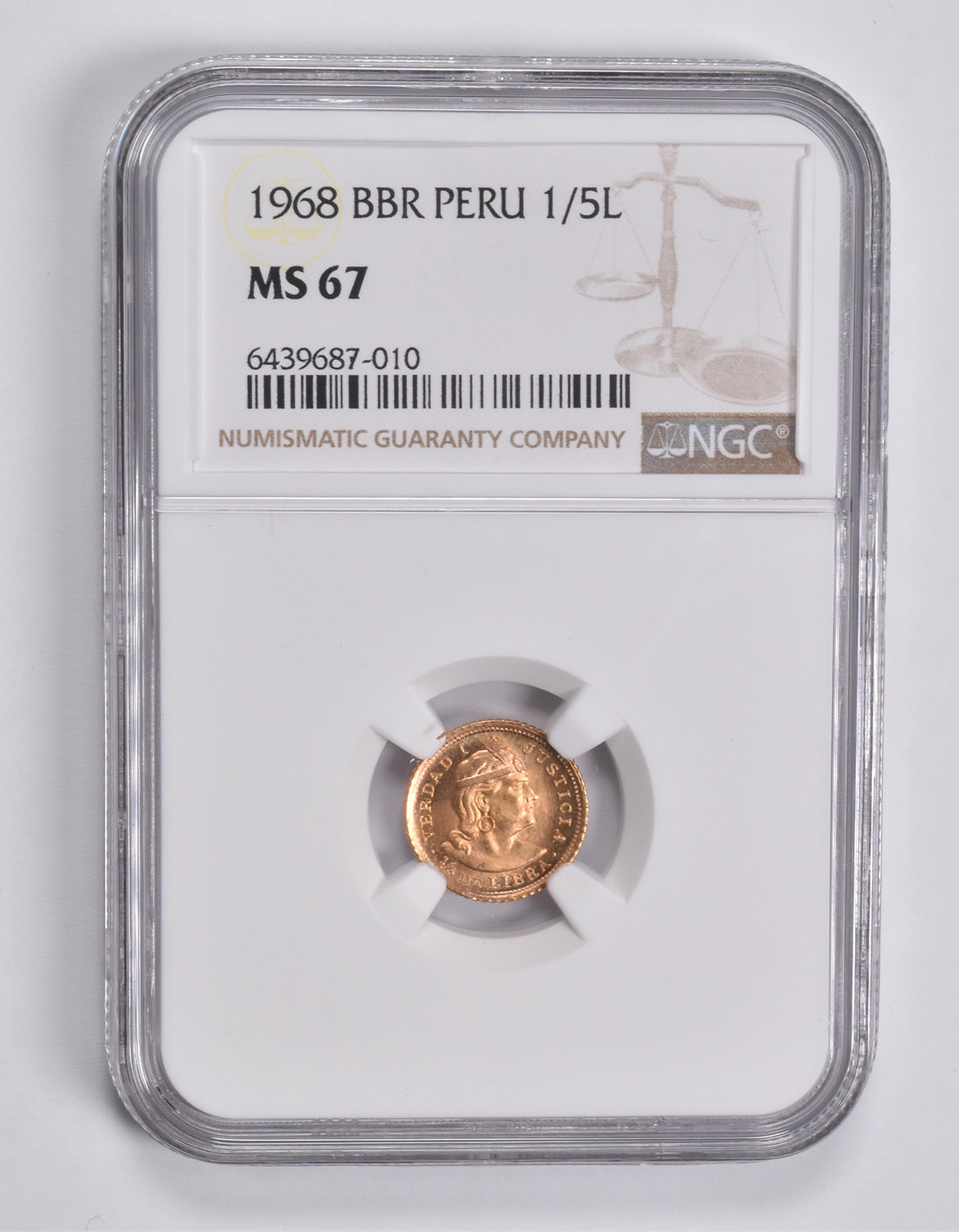 MS67 1968 BBR Peru 1/5 Lima Gold Coin NGC | Property Room