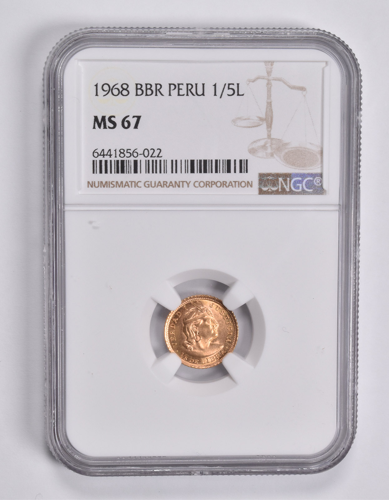 MS67 1968 BBR Peru 1/5 Lima Gold Coin NGC | Property Room