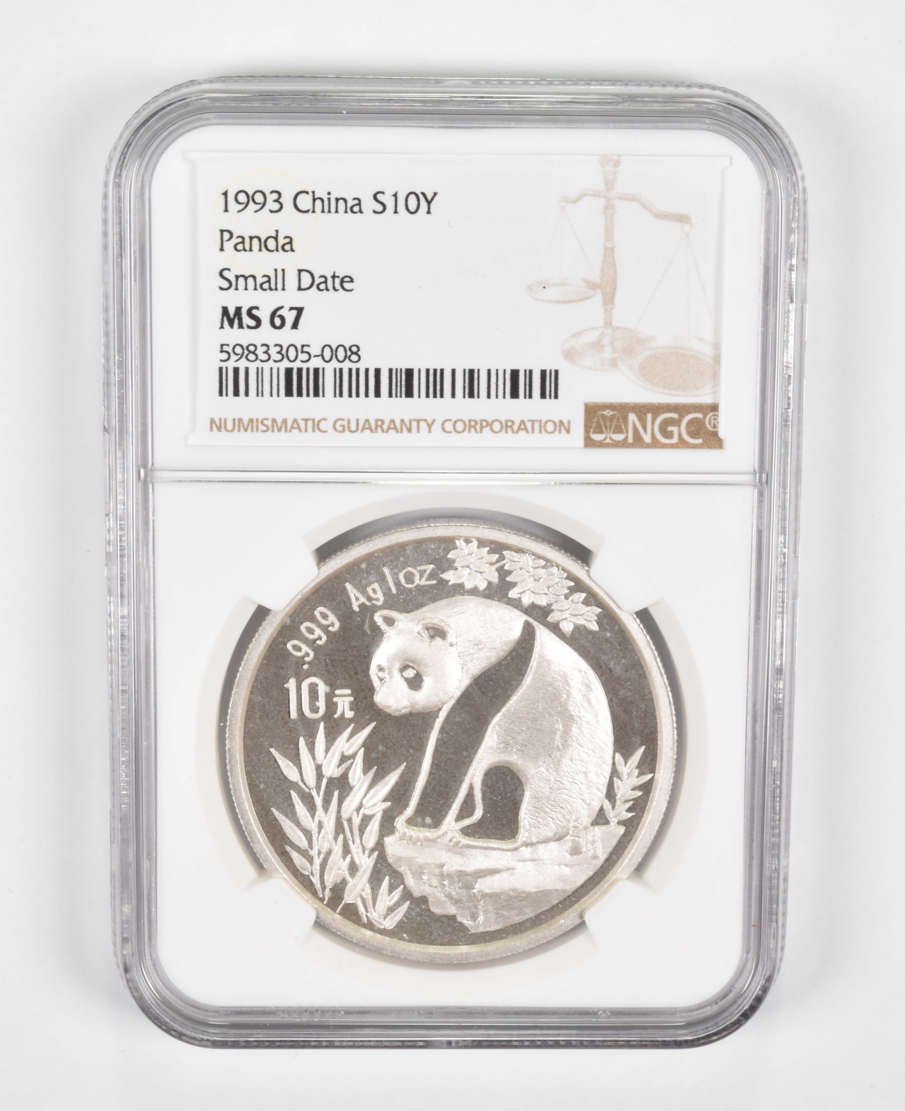MS67 1993 China 10 Yuan Silver Coin - Panda - Small Date - Graded NGC ...