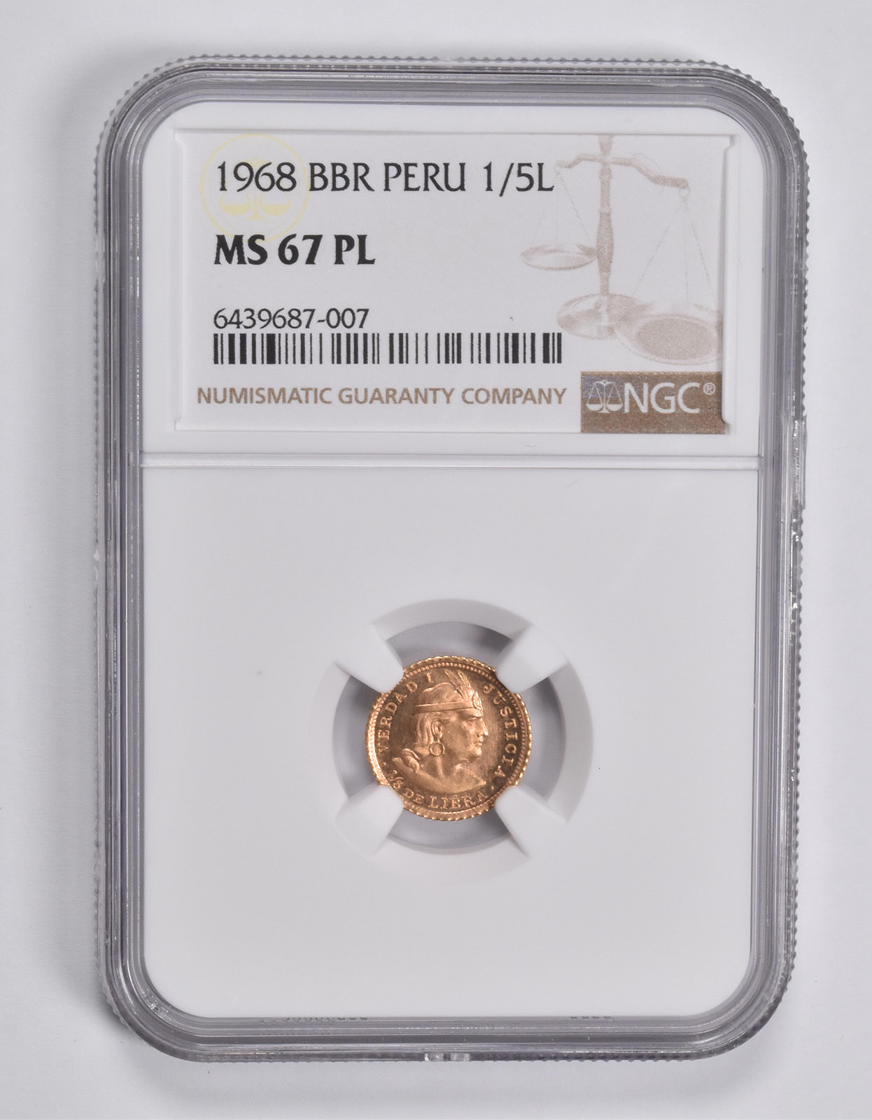 MS67 PL 1968 BBR Peru 1/5 Lima Gold Coin NGC | Property Room
