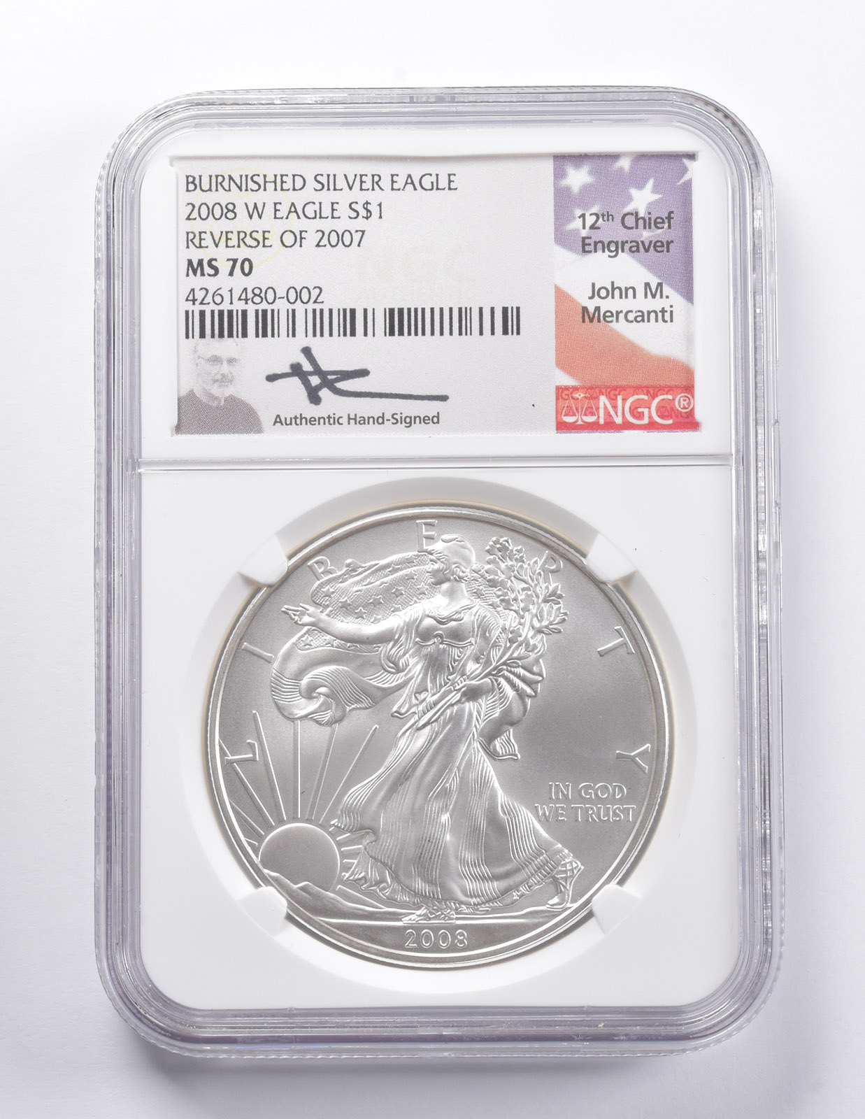 MS70 2008-W American Silver Burnished Eagle REV Of 2007 Signed Mercanti NGC | Property Room