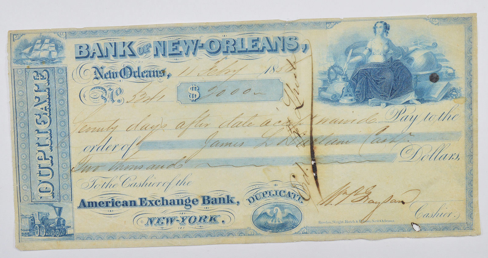No Reserve - 1856 $2,000 State of Louisiana Bank of New Orleans ...