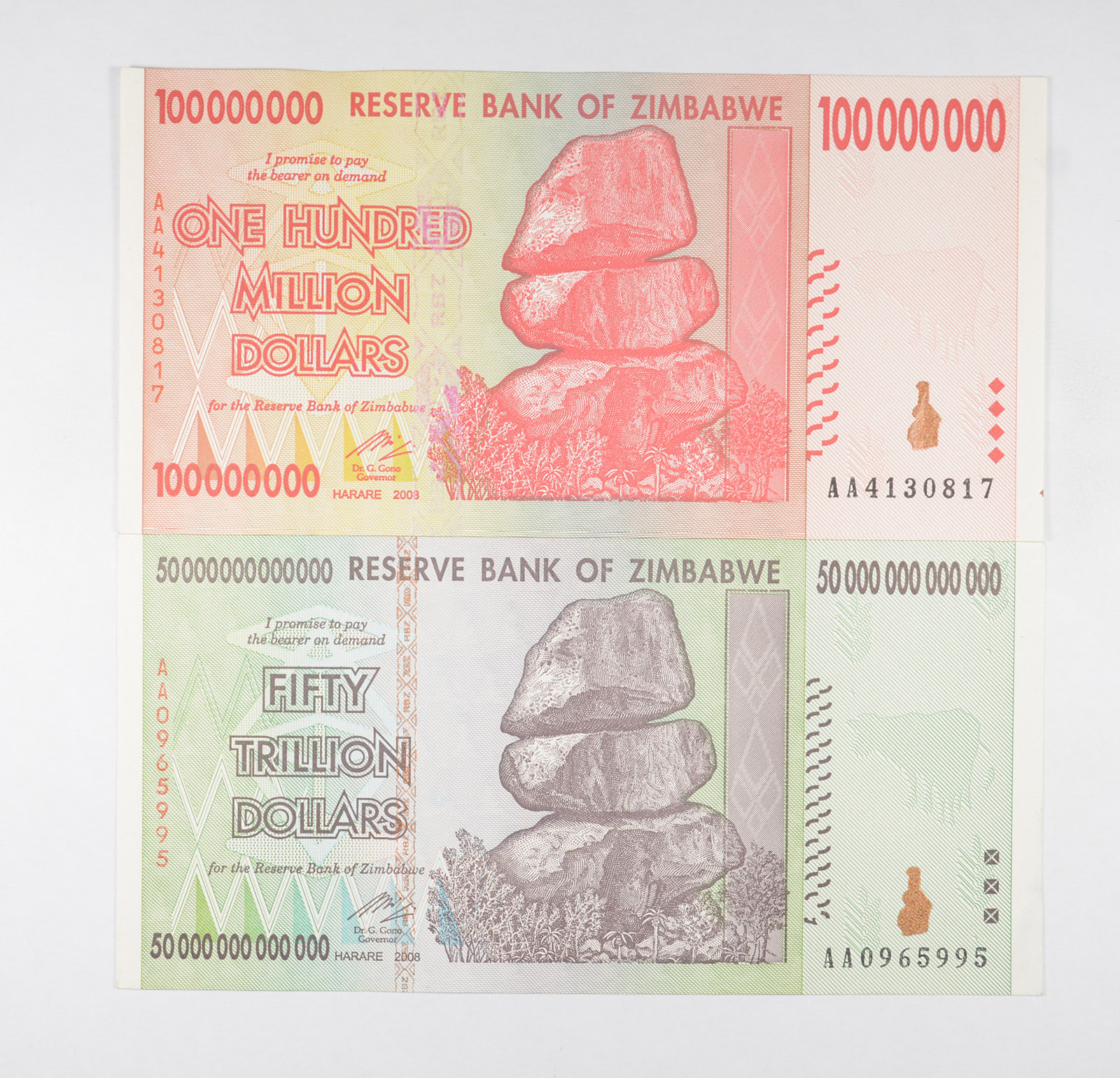 Pair 2008 50 TRILLION Dollar & Early Hyper Inflation Note Zimbabwe 100 ...