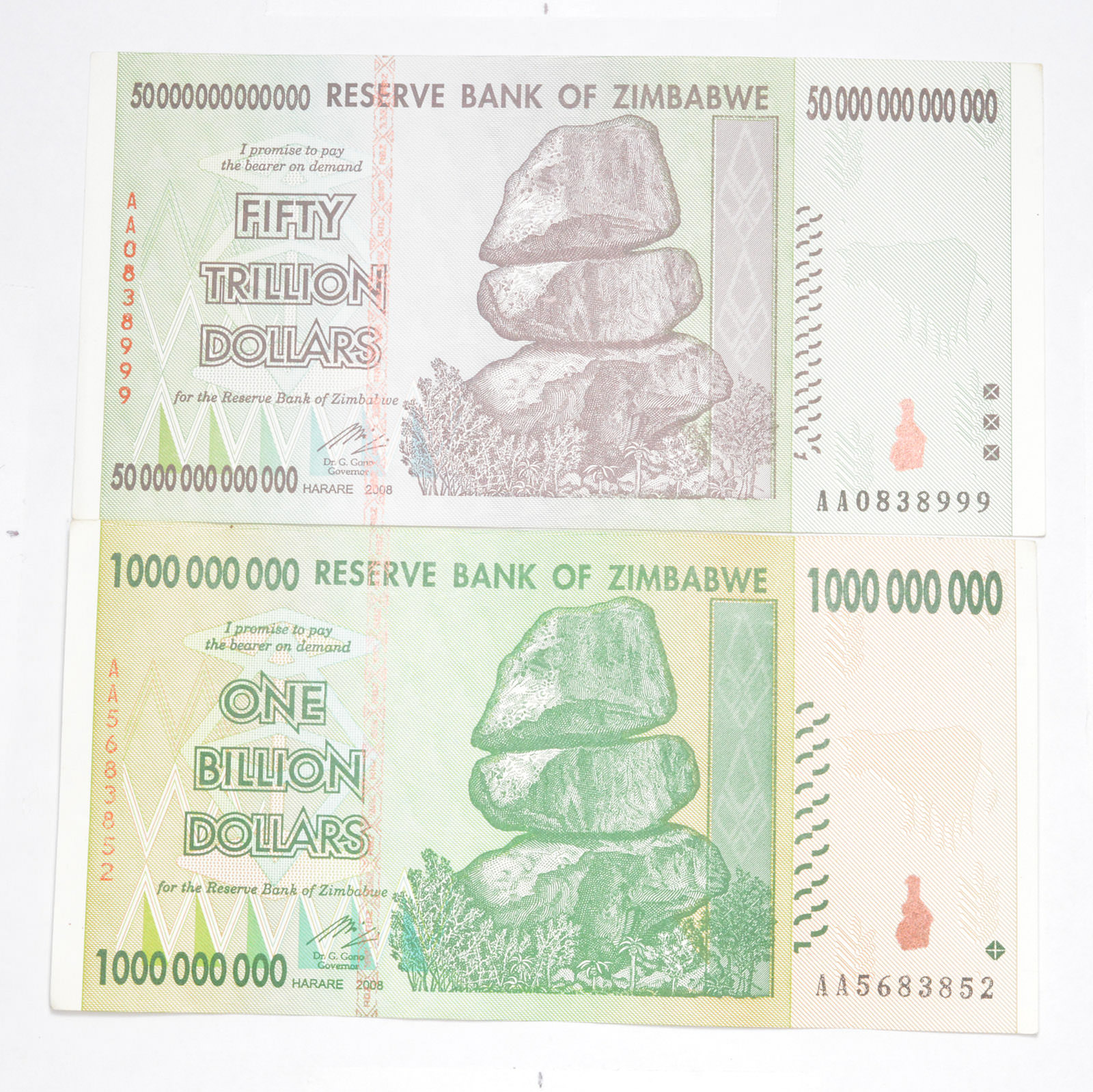 Pair 2008 50 TRILLION Dollar & Early Hyper Inflation Note Zimbabwe 100 ...