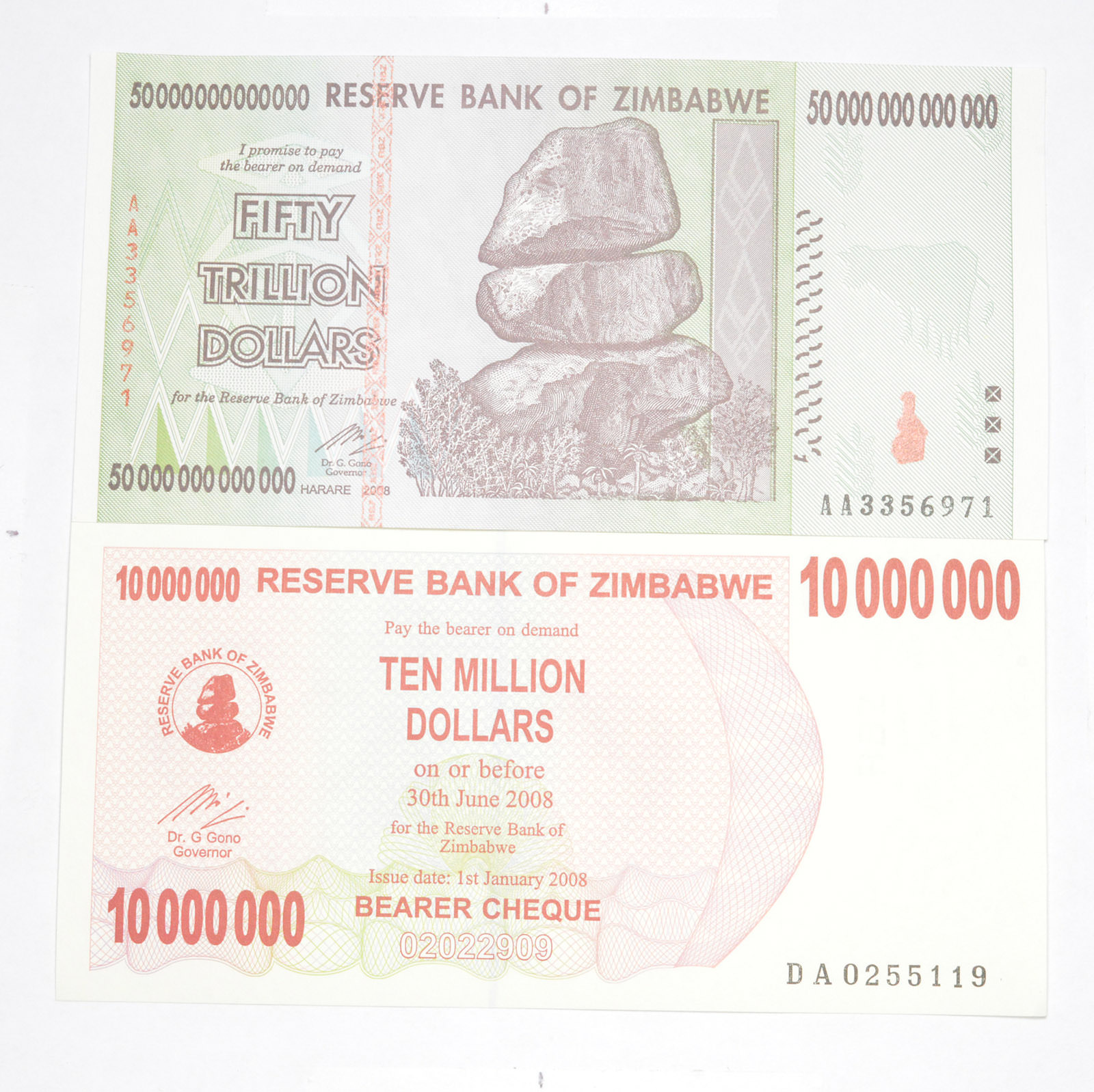 Pair 2008 50 TRILLION Dollar & Early Hyper Inflation Note Zimbabwe 100 ...