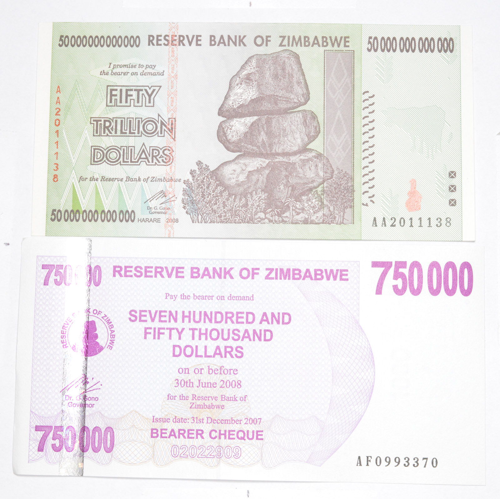 Pair 2008 50 TRILLION Dollar & Early Hyper Inflation Note Zimbabwe 100 ...
