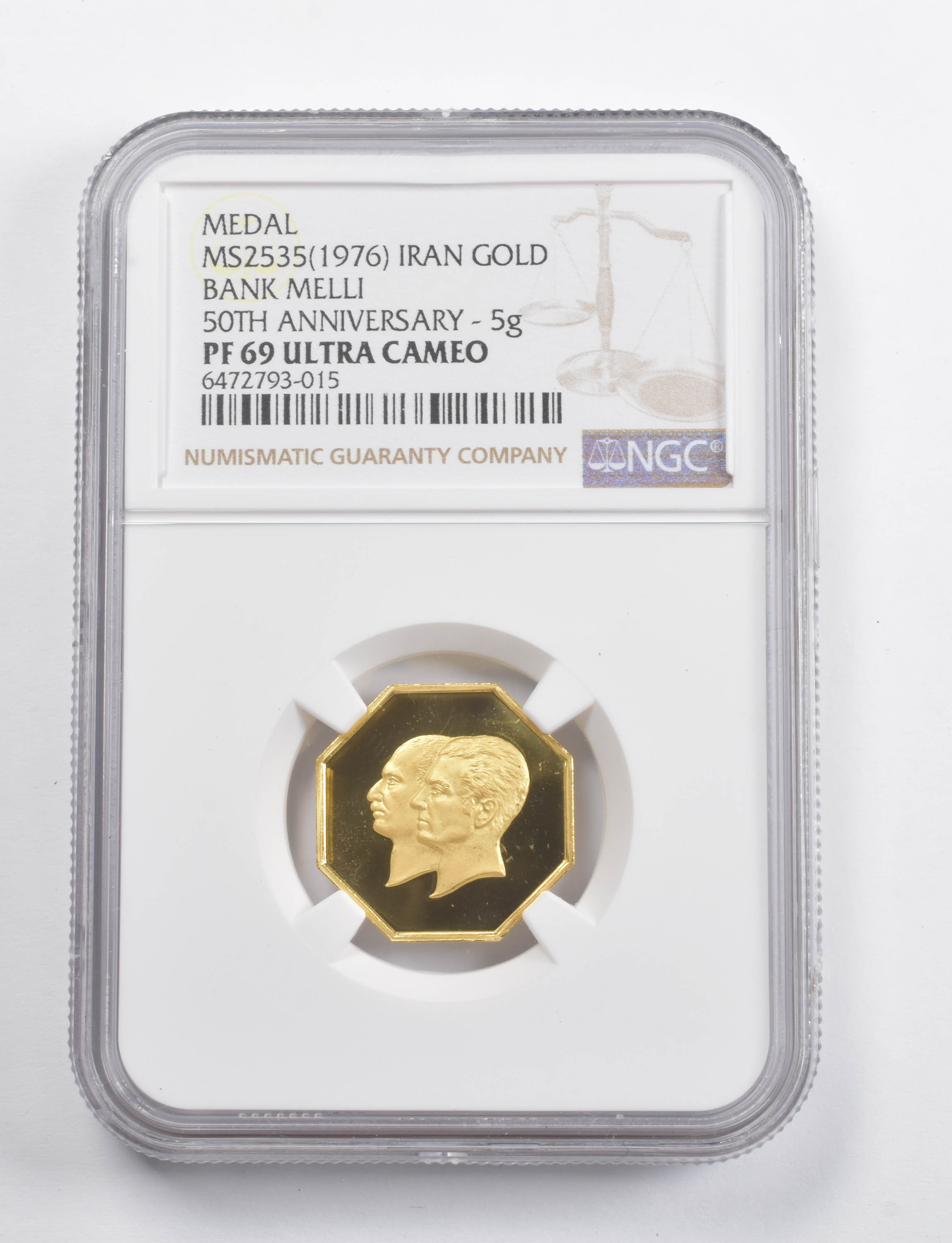 PF69 UCAM MS2535 (1976) Iran Gold Bank Melli 50th Anniv 5g Medal NGC ...