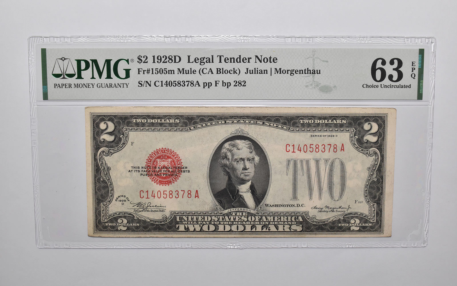 PMG 63 EPQ $2 1928-D US Legal Tender Note FR#1505m Mule (CA Block) Red ...
