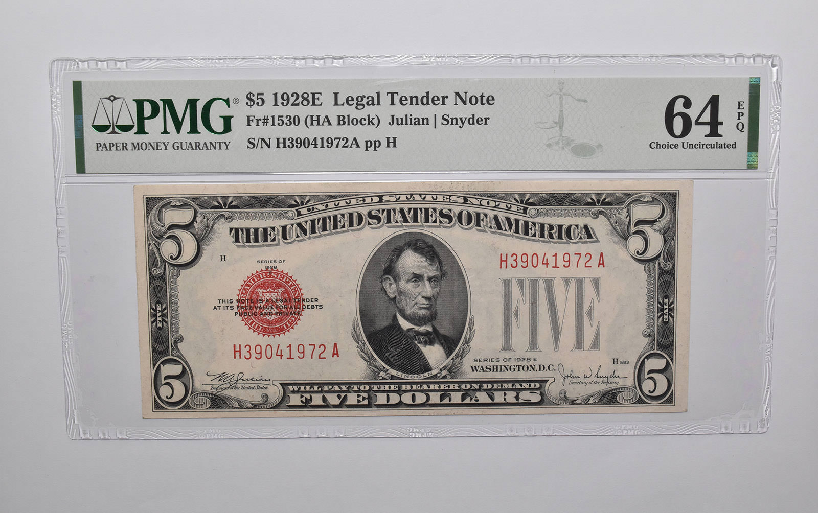 PMG 64 EPQ $5 1928-E US Legal Tender Note FR#1530 (HA Block) Red Seal ...