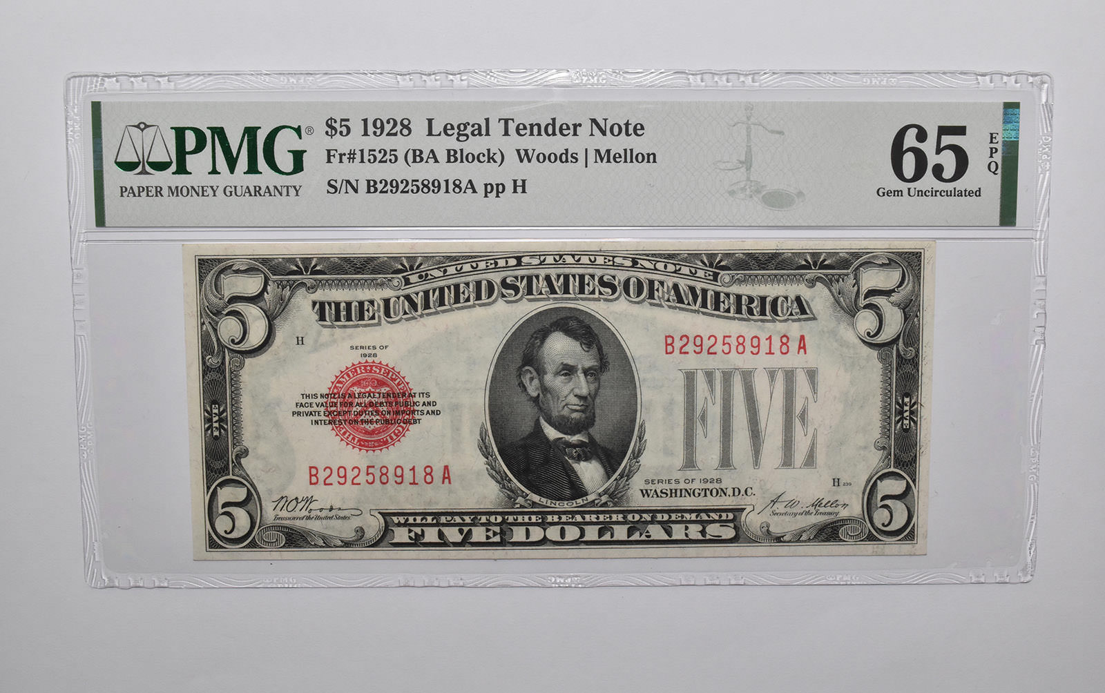 PMG 65 EPQ $5 1928 US Legal Tender Note FR#1525 (BA Block) Red Seal ...