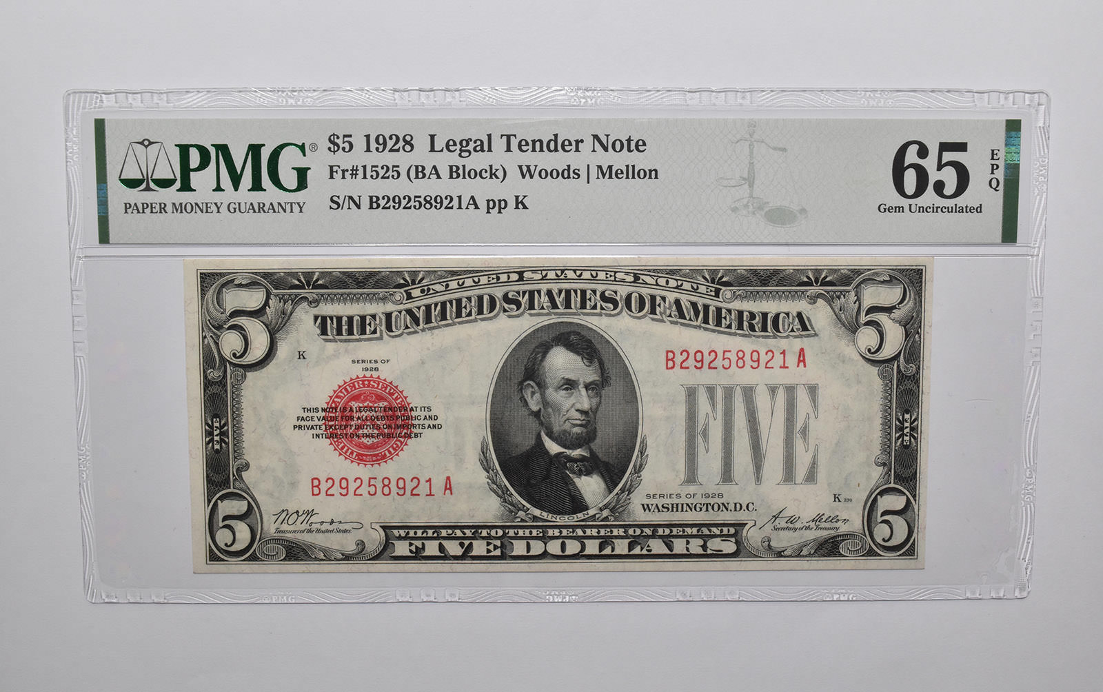 PMG 65 EPQ $5 1928 US Legal Tender Note FR#1525 (BA Block) Red Seal ...