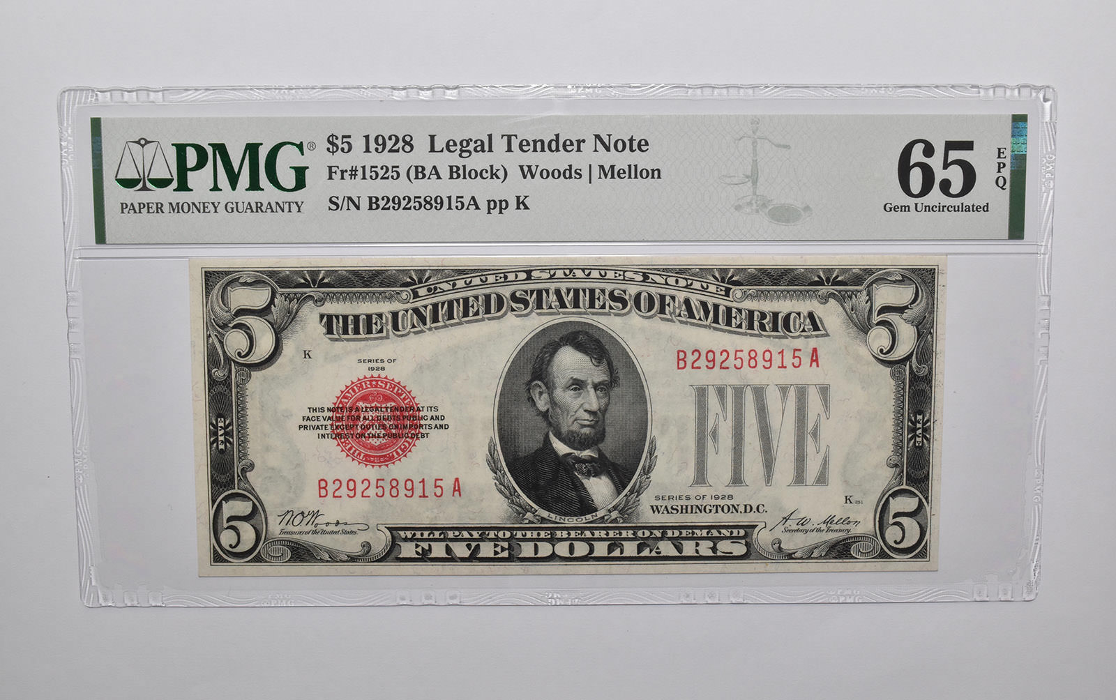 PMG 65 EPQ $5 1928 US Legal Tender Note FR#1525 (BA Block) Red Seal ...