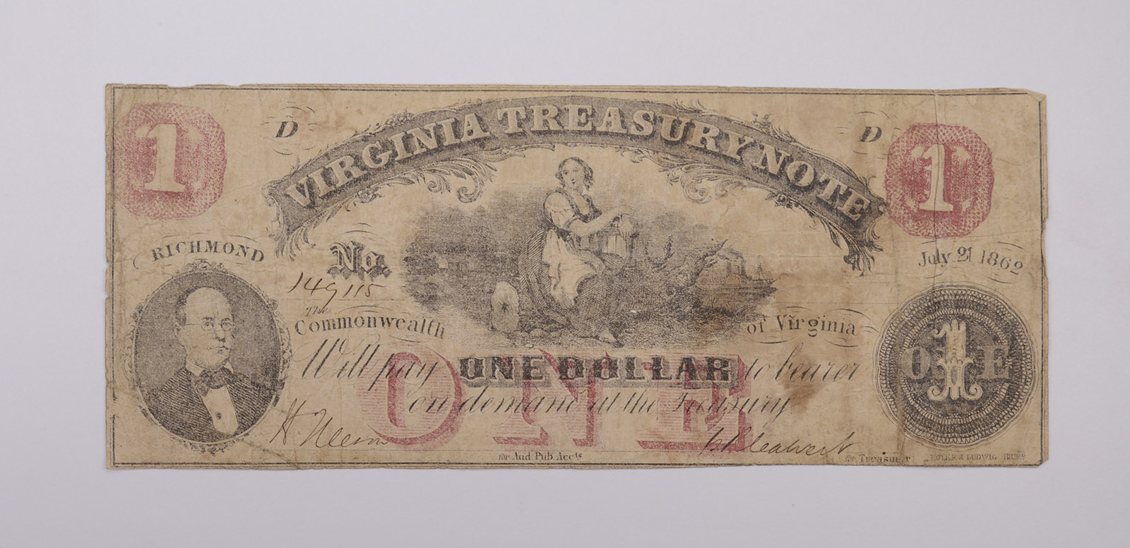 Rare - 1860's Virginia TREASURY Note - $1.00 Hand Signed - Over 150 ...