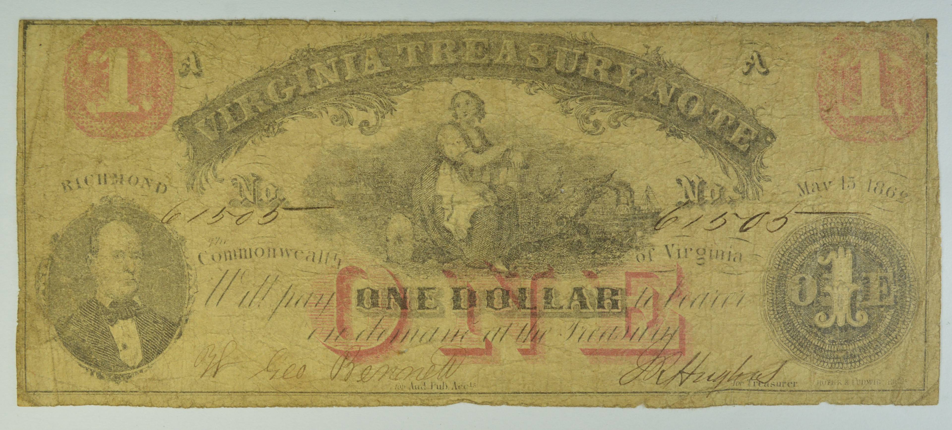 Rare - 1860's Virginia TREASURY Note - $1.00 Hand Signed - Over 150 ...
