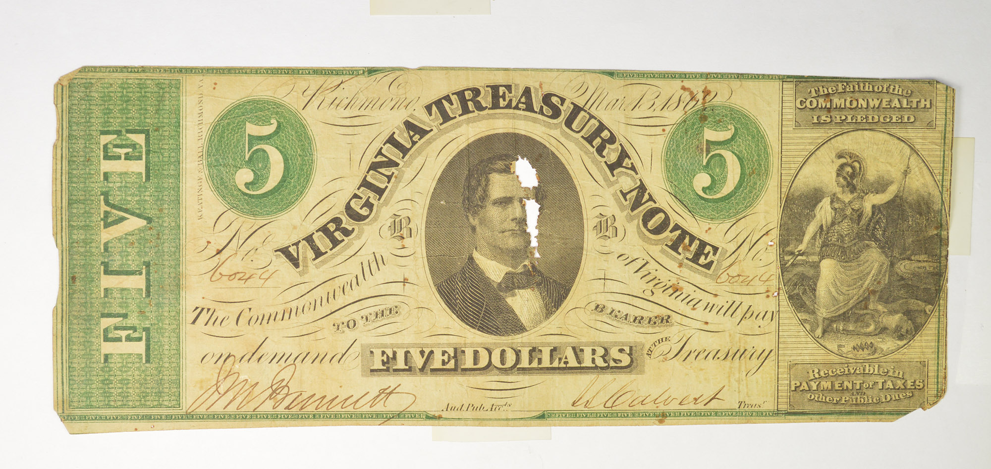 Rare - 1860's Virginia TREASURY Note - $5.00 Hand Signed - Over 150 ...