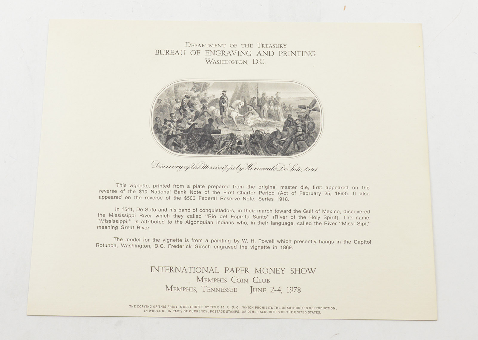 RARE - 1978 International Paper Money Show - BEP Souvenir Card ...