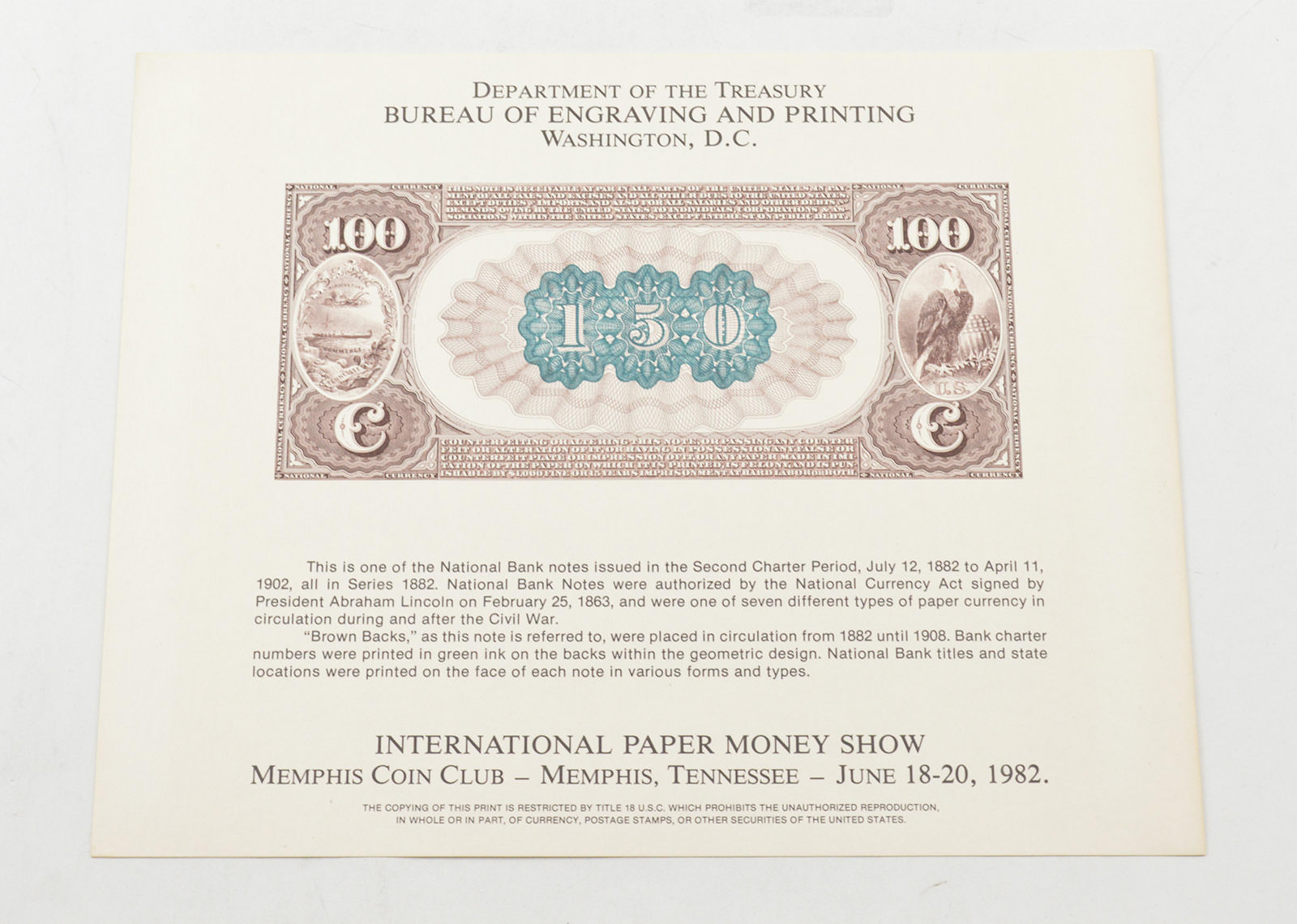 RARE - 1982 International Paper Money Show - BEP Souvenir Card ...