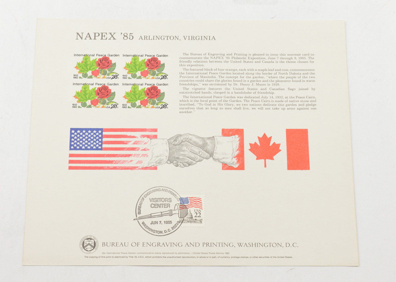 RARE - 1985 NAPEX Philatelic Exposition - BEP Souvenir Card | Property Room