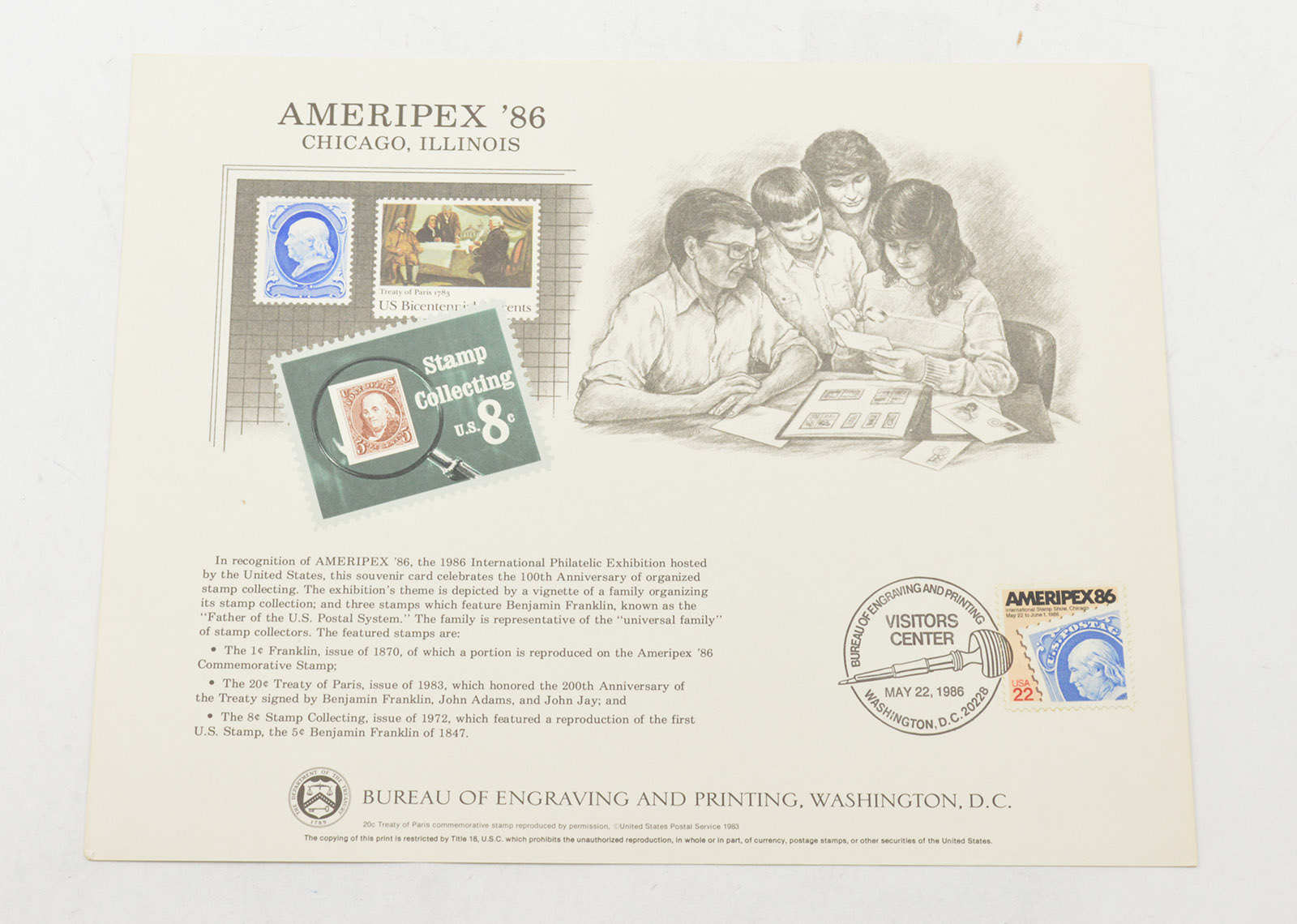 RARE - 1986 AMERIPEX Stamp Collecting - BEP Souvenir Card | Property Room