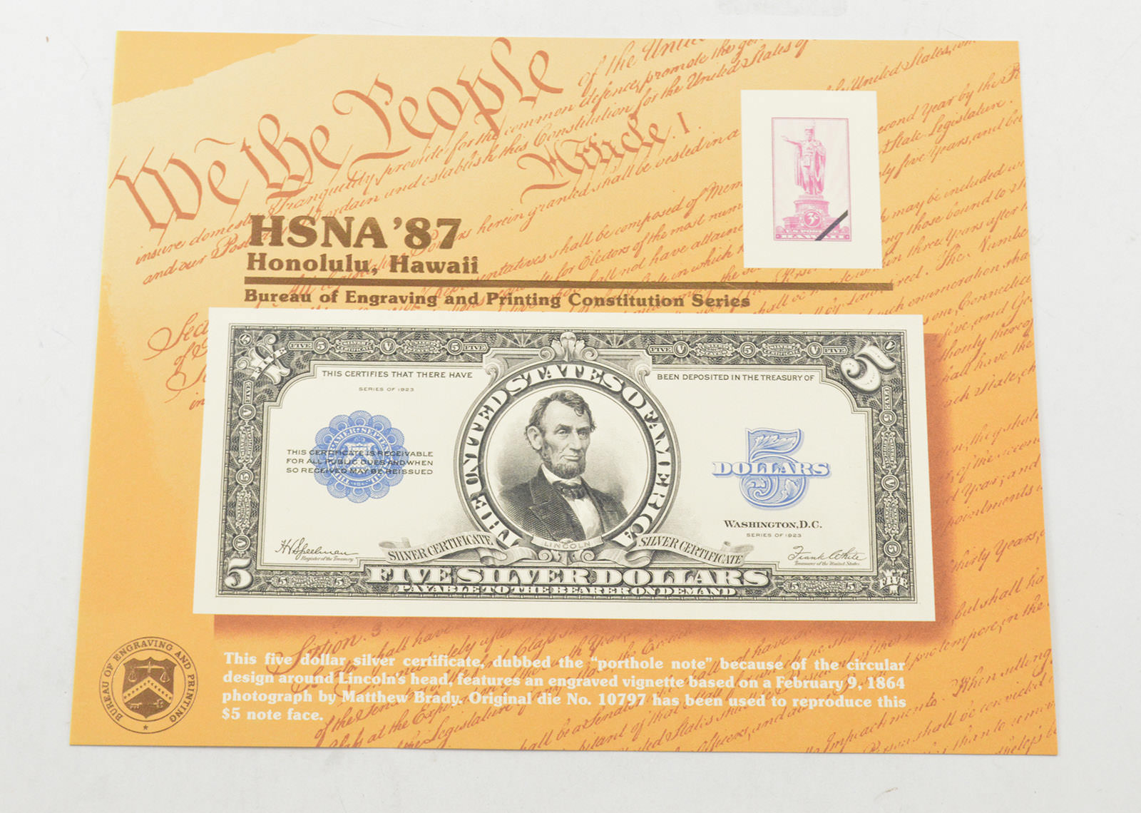 RARE - 1987 HSNA Constitution Series - BEP Souvenir Card | Property Room