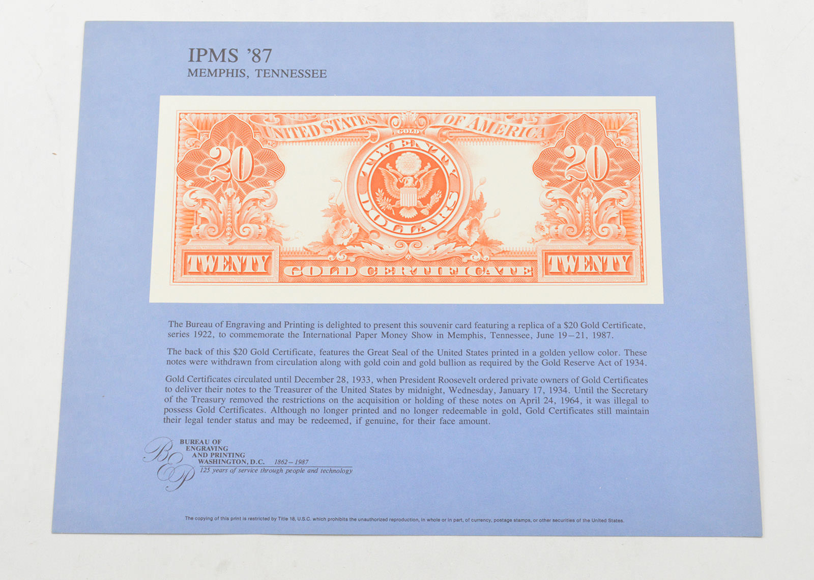 RARE - 1987 International Paper Money Show - BEP Souvenir Card ...