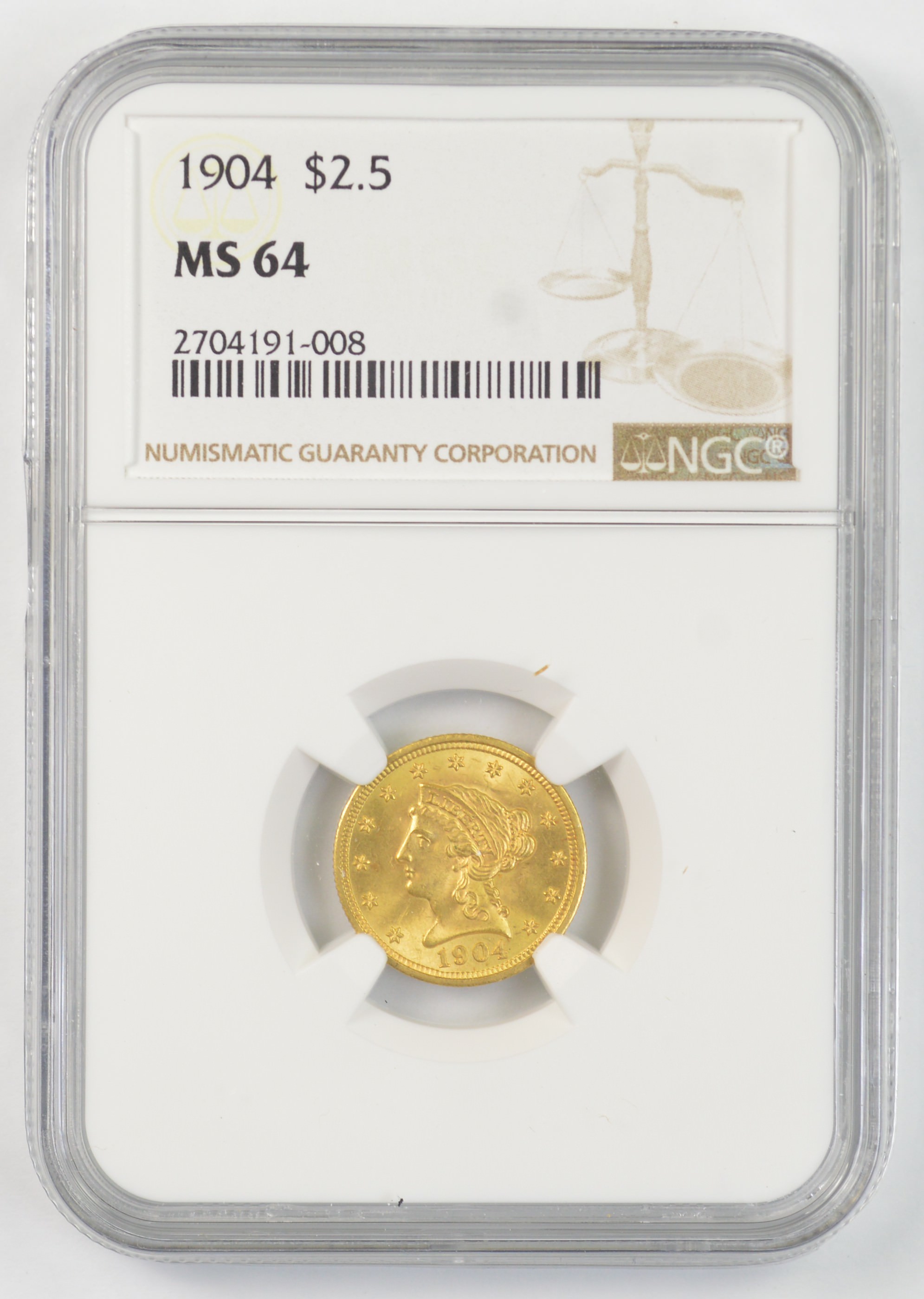 RARE - CHOICE MS64 1904 $2.50 Liberty Head Gold Quarter Eagle - NGC Graded | Property Room
