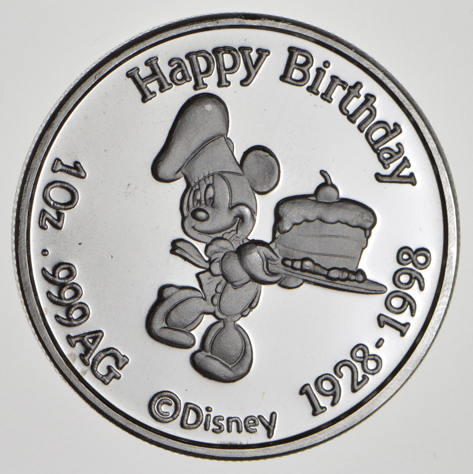 RARE - DISNEY Happy Birthday 1928-1998 Minnie Mouse - 1 TROY Oz .999 ...
