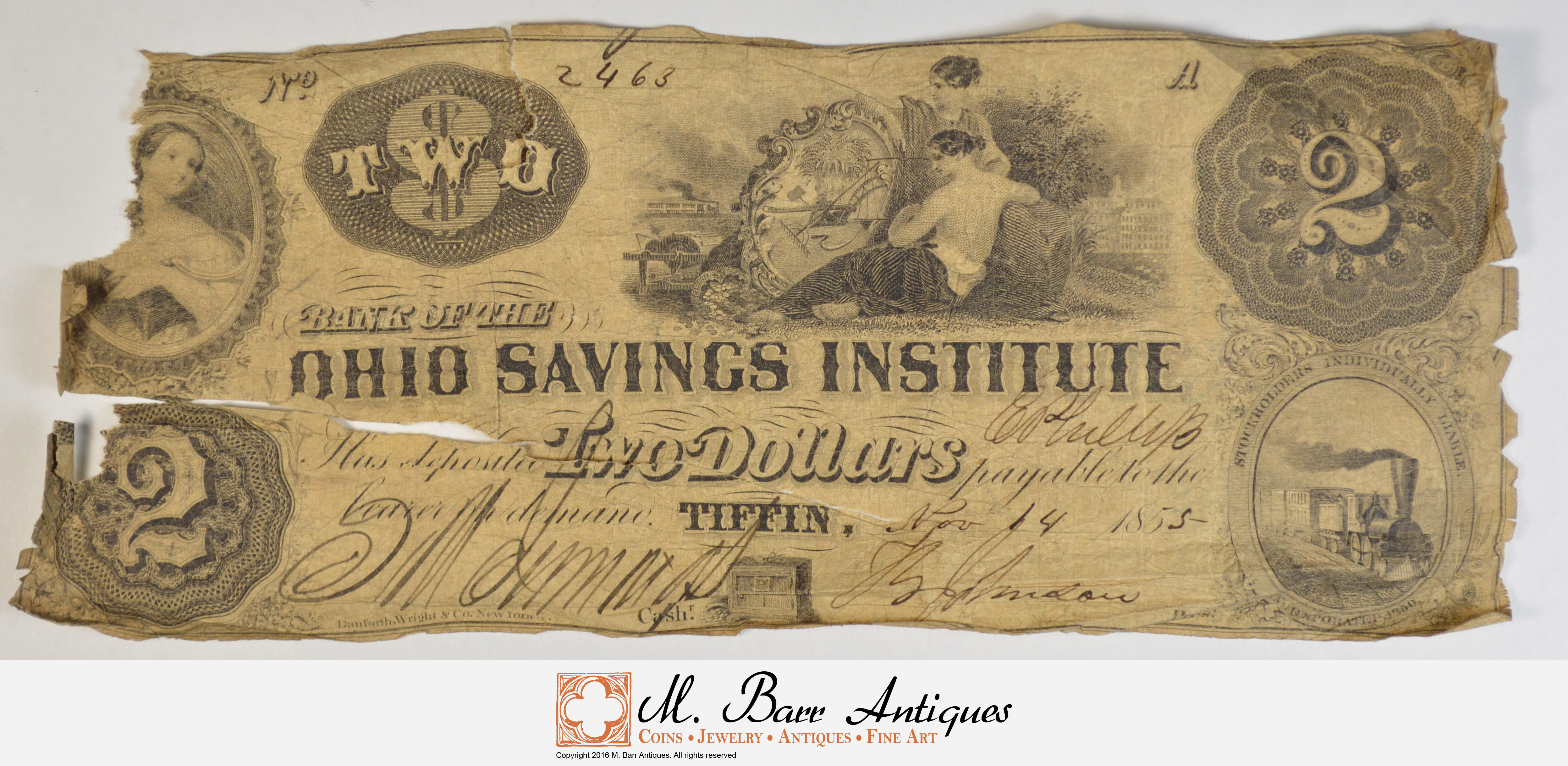 RARE - Obsolete Currency ***1855 $2.00 Ohio Savings Institute*** Very ...