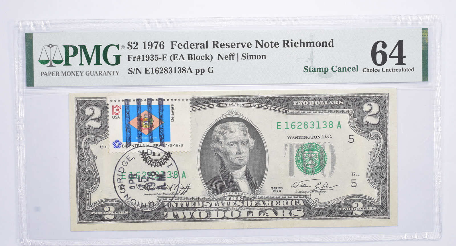 Rare PMG Graded 64 FR1935-E (EA Block) 1976 $2 Note Bill First Day ...