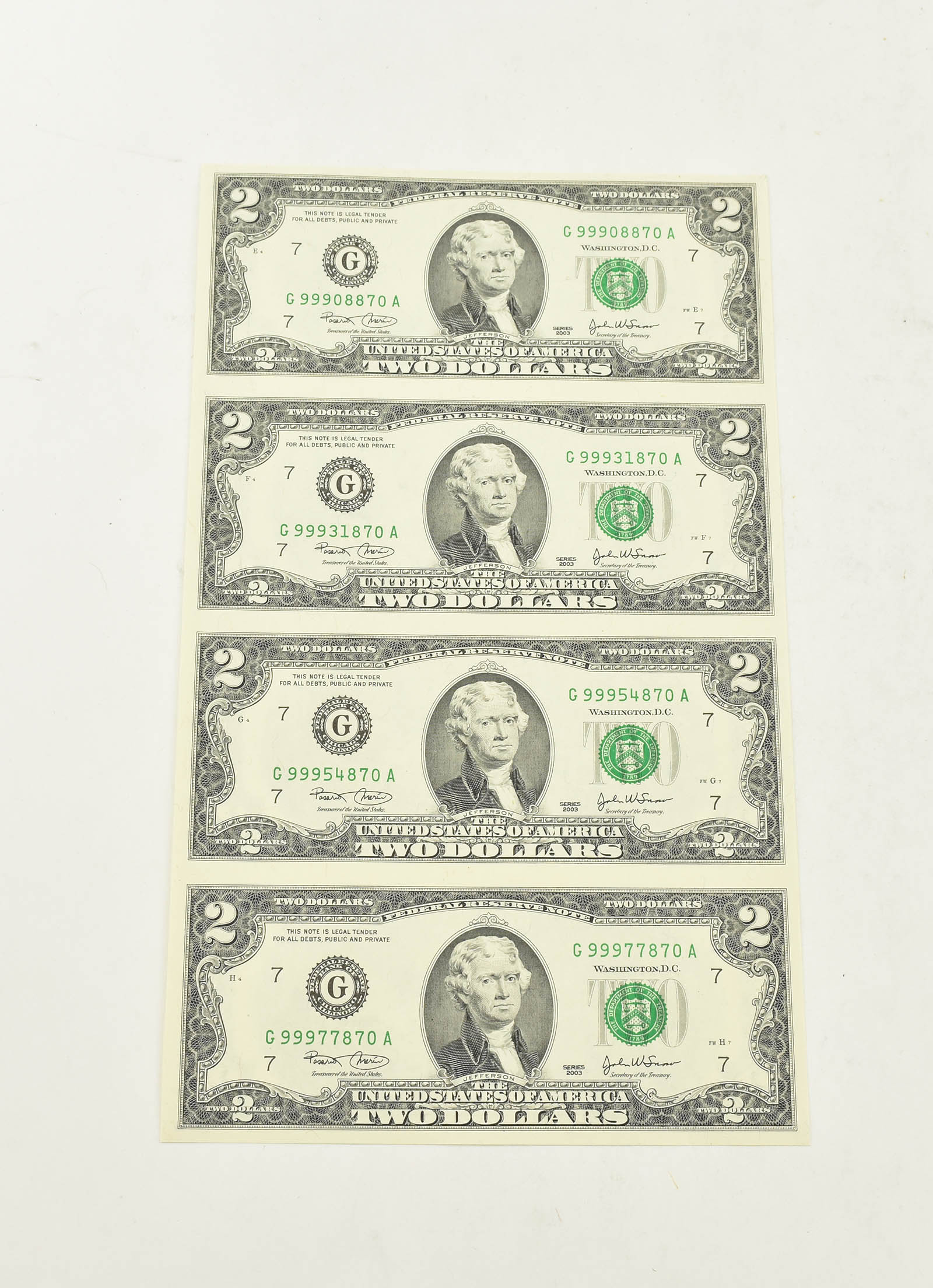 Rare** UNCUT SHEET - 2003 $2 - Choice Unc - Never Cut by the Treasury ...