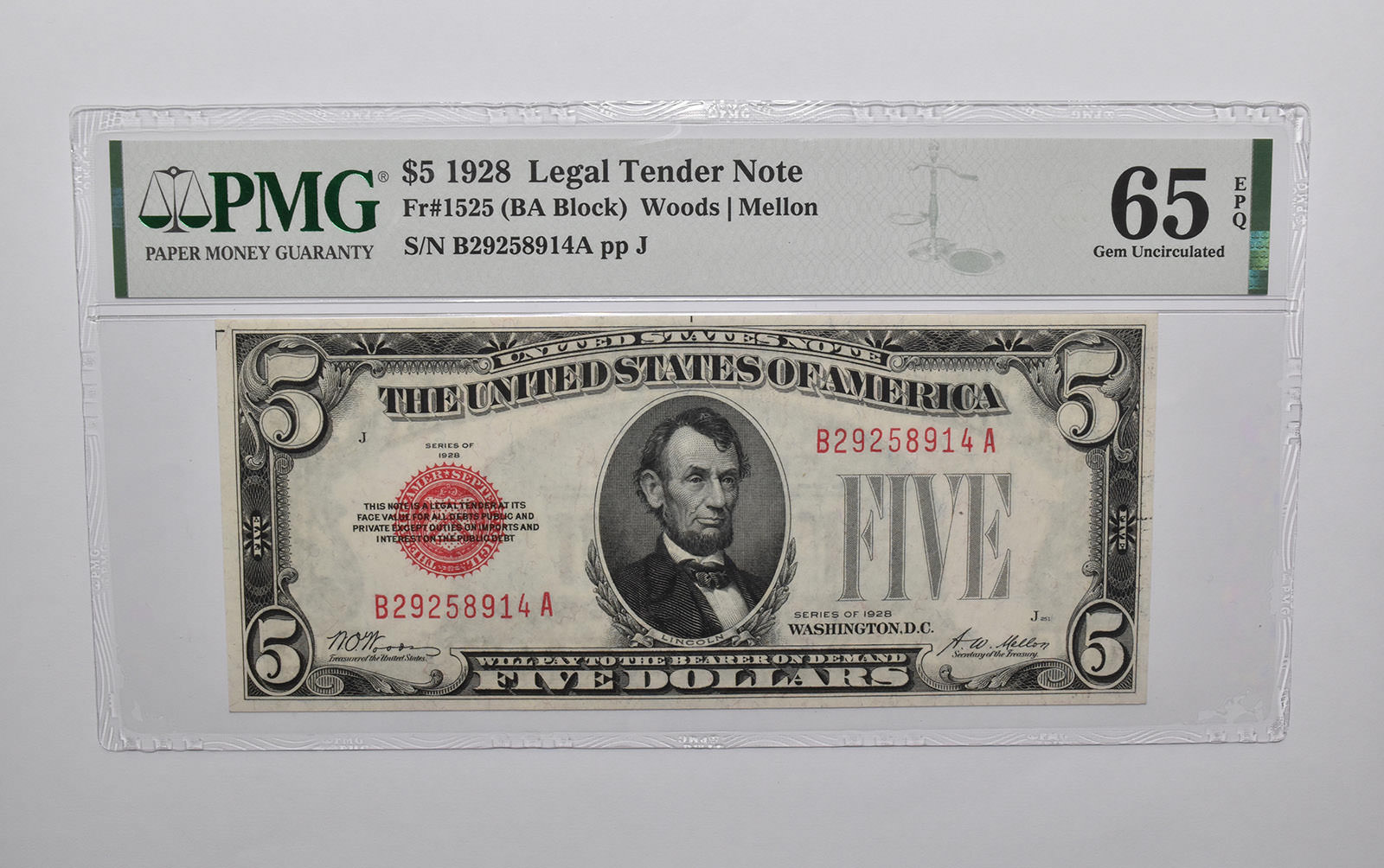 SAME PMG 65 EPQ $5 1928 US Legal Tender Note FR#1525 (BA Block) Red ...