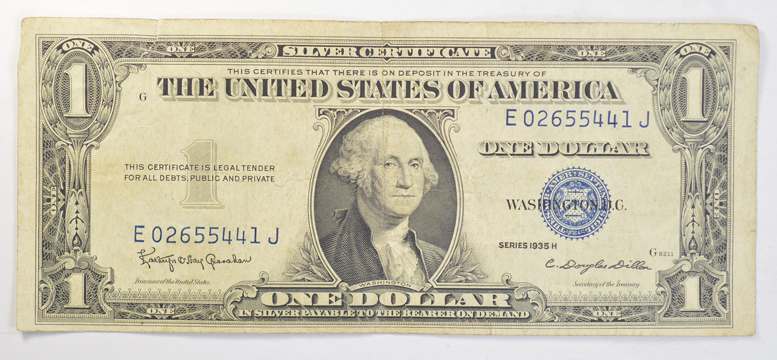 SERIES H - 1935-H $1.00 Silver Certificate Dillon Secretary of Treasury ...
