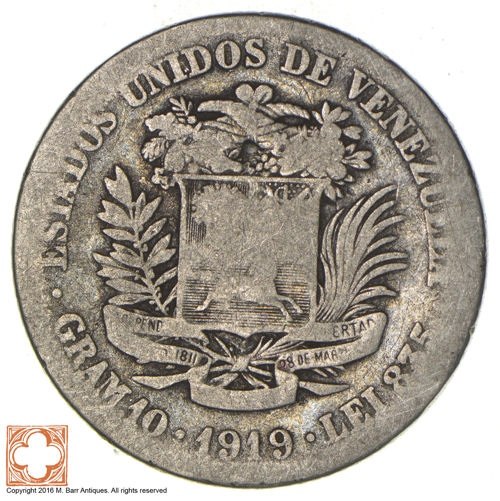 SILVER - 1919 - Venezuela - 2 Bolivares- 9.5 Grams - World Silver Coin ...